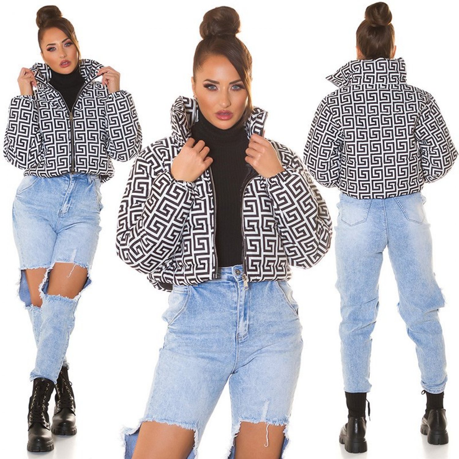 Geaca dama de iarna scurta, din nylon, alba cu print negru, bomber ...