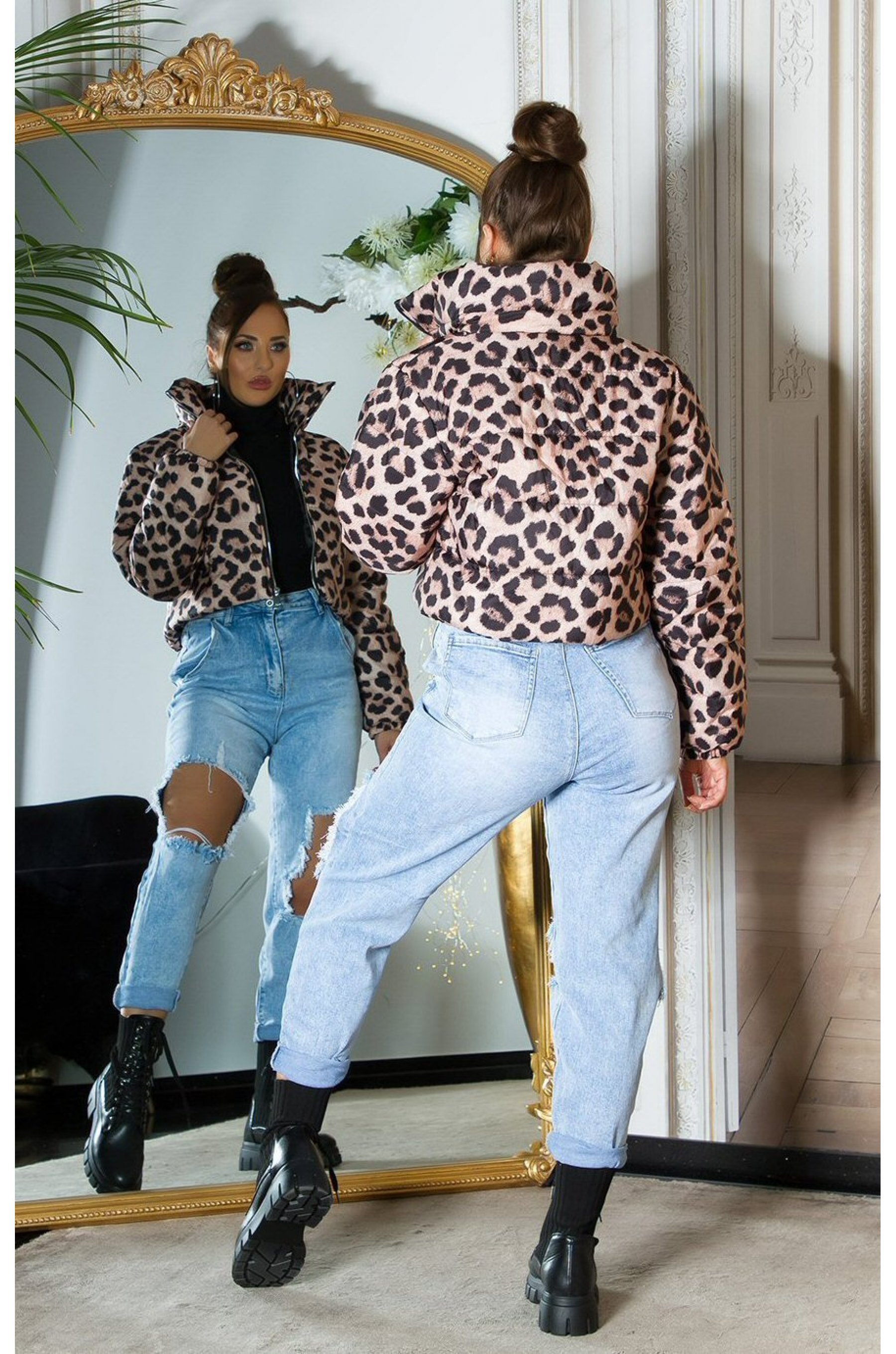 Geaca dama de iarna scurta, din nylon, leopard print, bomber, crop ...
