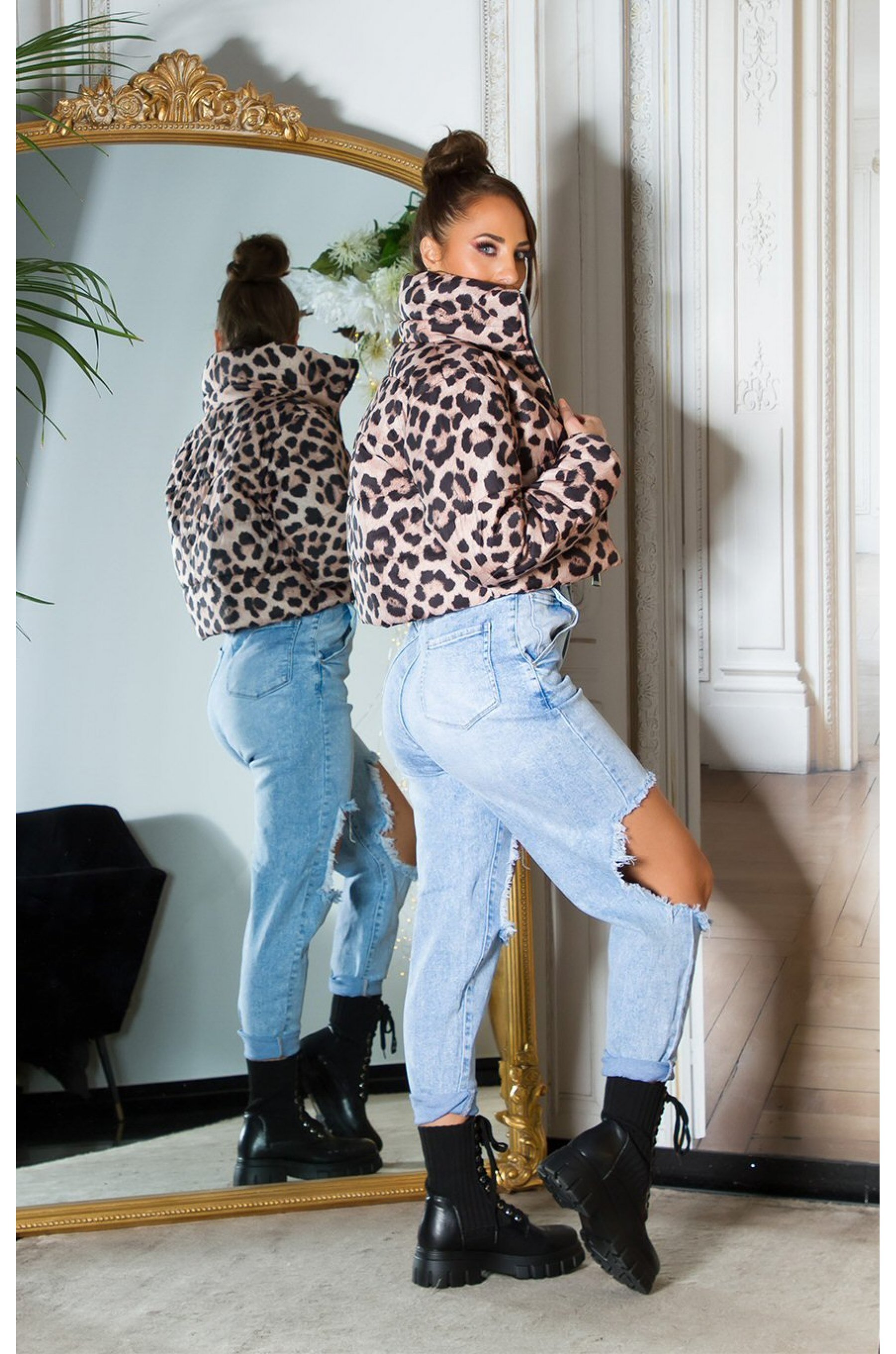 Geaca dama de iarna scurta, din nylon, leopard print, bomber, crop ...