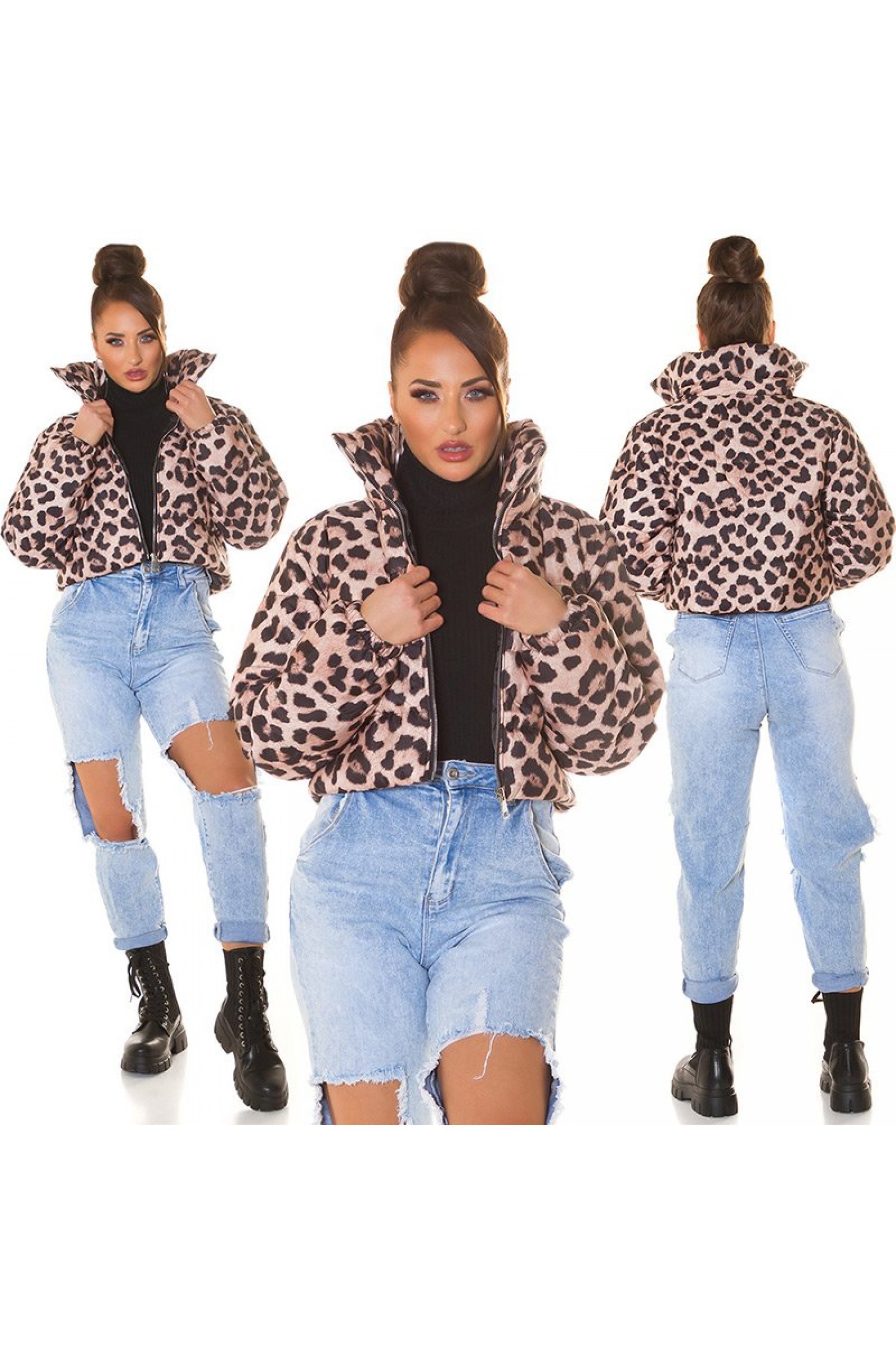 Geaca dama de iarna scurta, din nylon, leopard print, bomber, crop ...