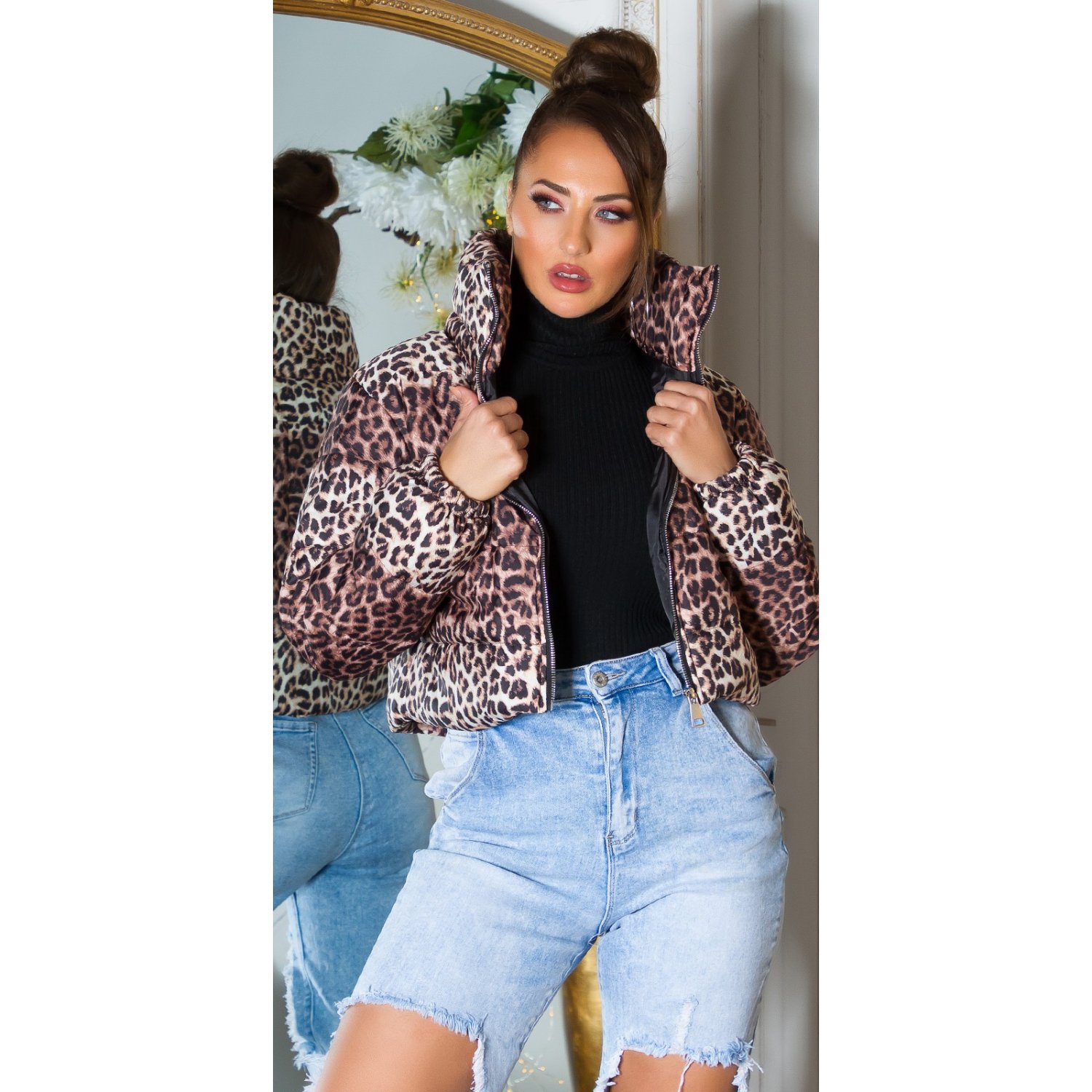 Geaca dama de iarna scurta, din nylon, leopard print, bomber, Zeynep ...