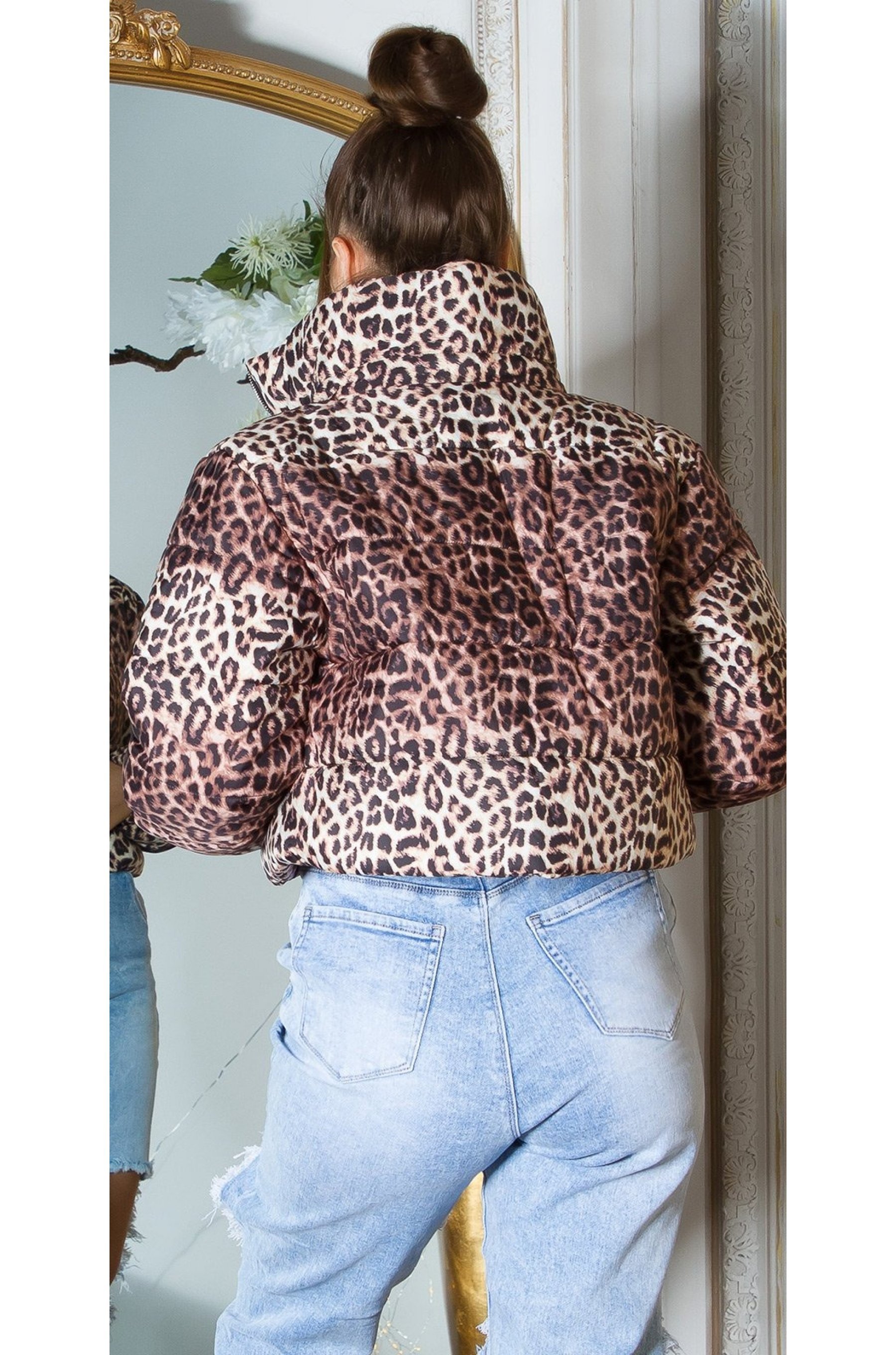 Geaca dama de iarna scurta, din nylon, leopard print, bomber, Zeynep ...