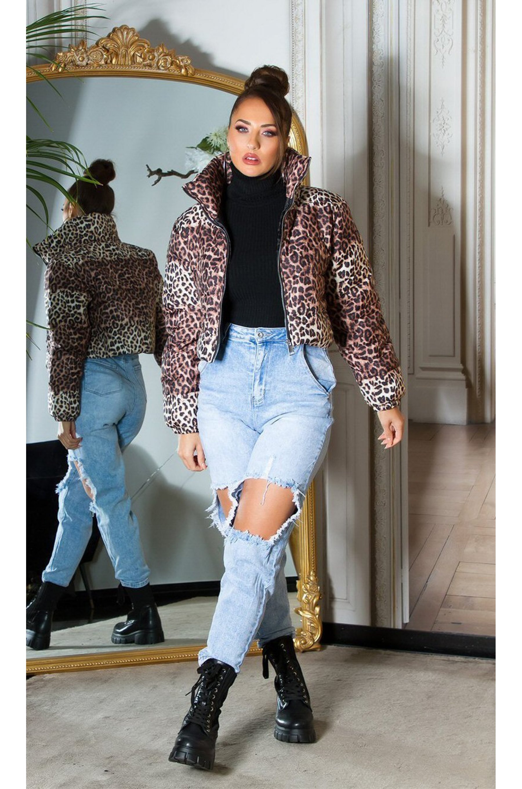 Geaca dama de iarna scurta, din nylon, leopard print, bomber, Zeynep ...