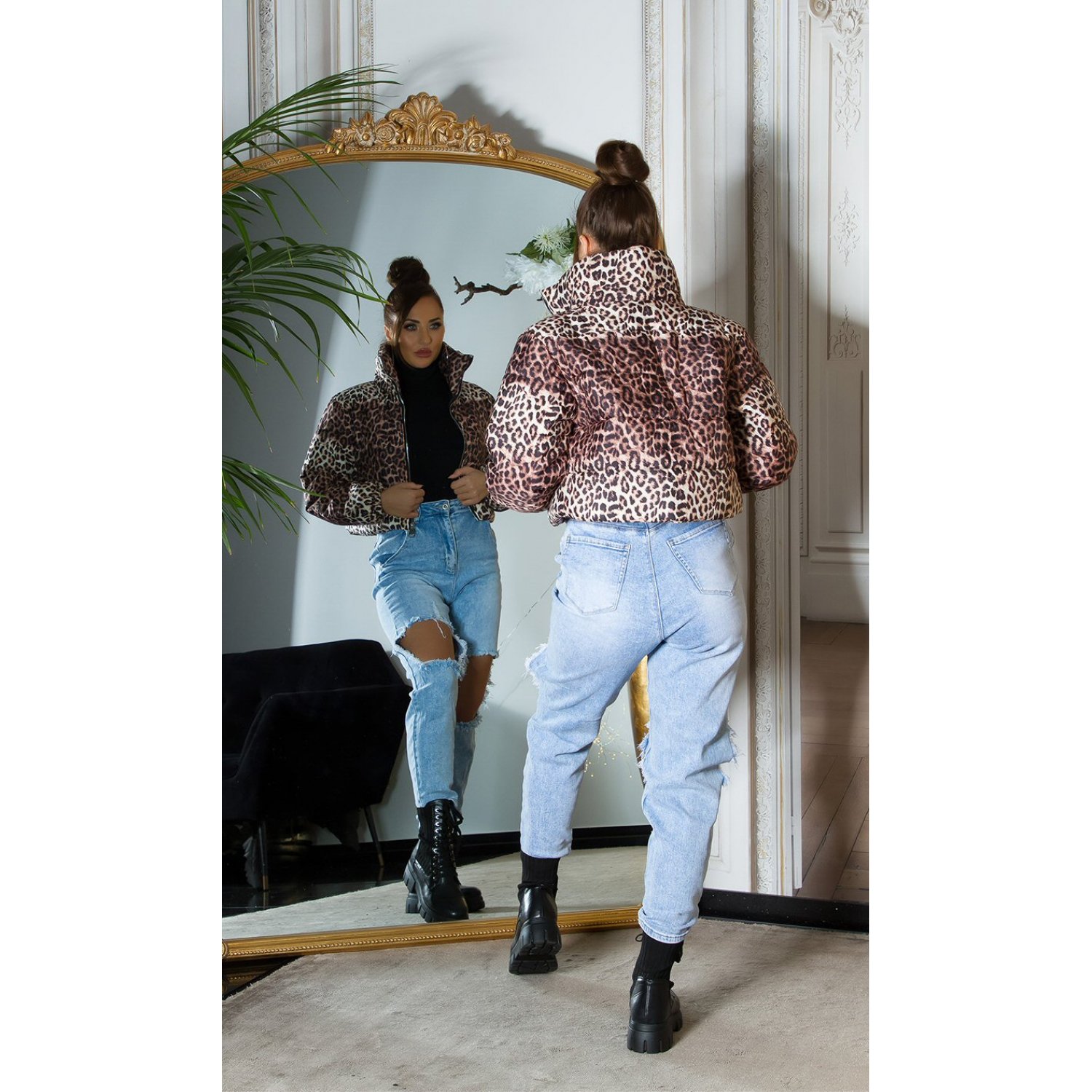 Geaca dama de iarna scurta, din nylon, leopard print, bomber, Zeynep ...