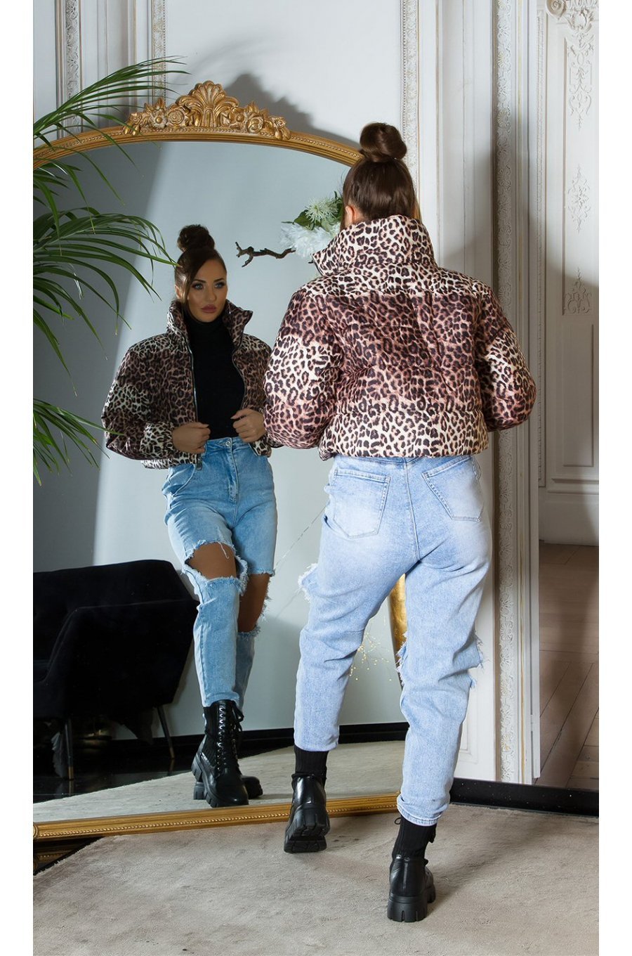 Geaca dama de iarna scurta, din nylon, leopard print, bomber, Zeynep ...