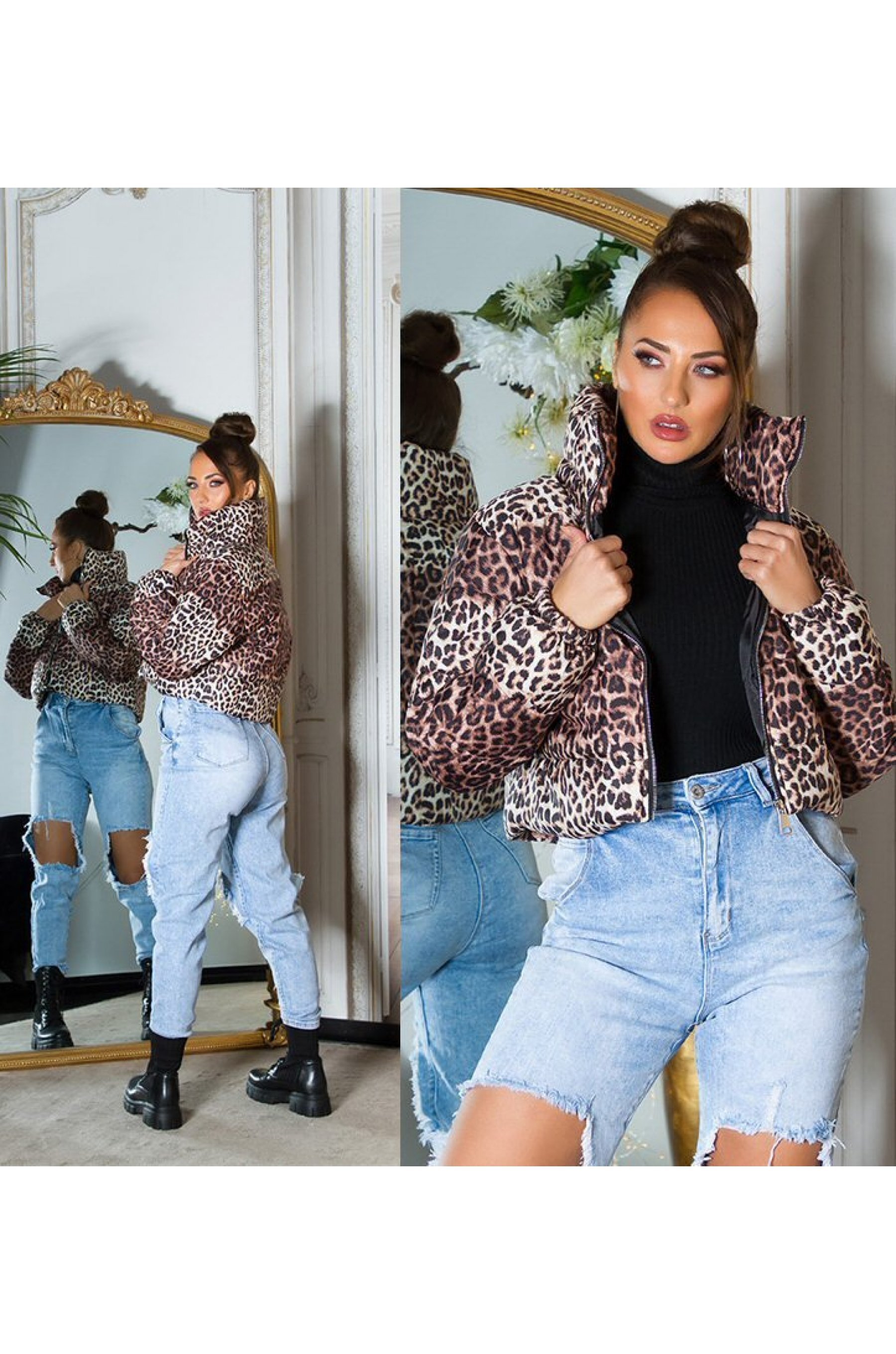 Geaca dama de iarna scurta, din nylon, leopard print, bomber, Zeynep ...