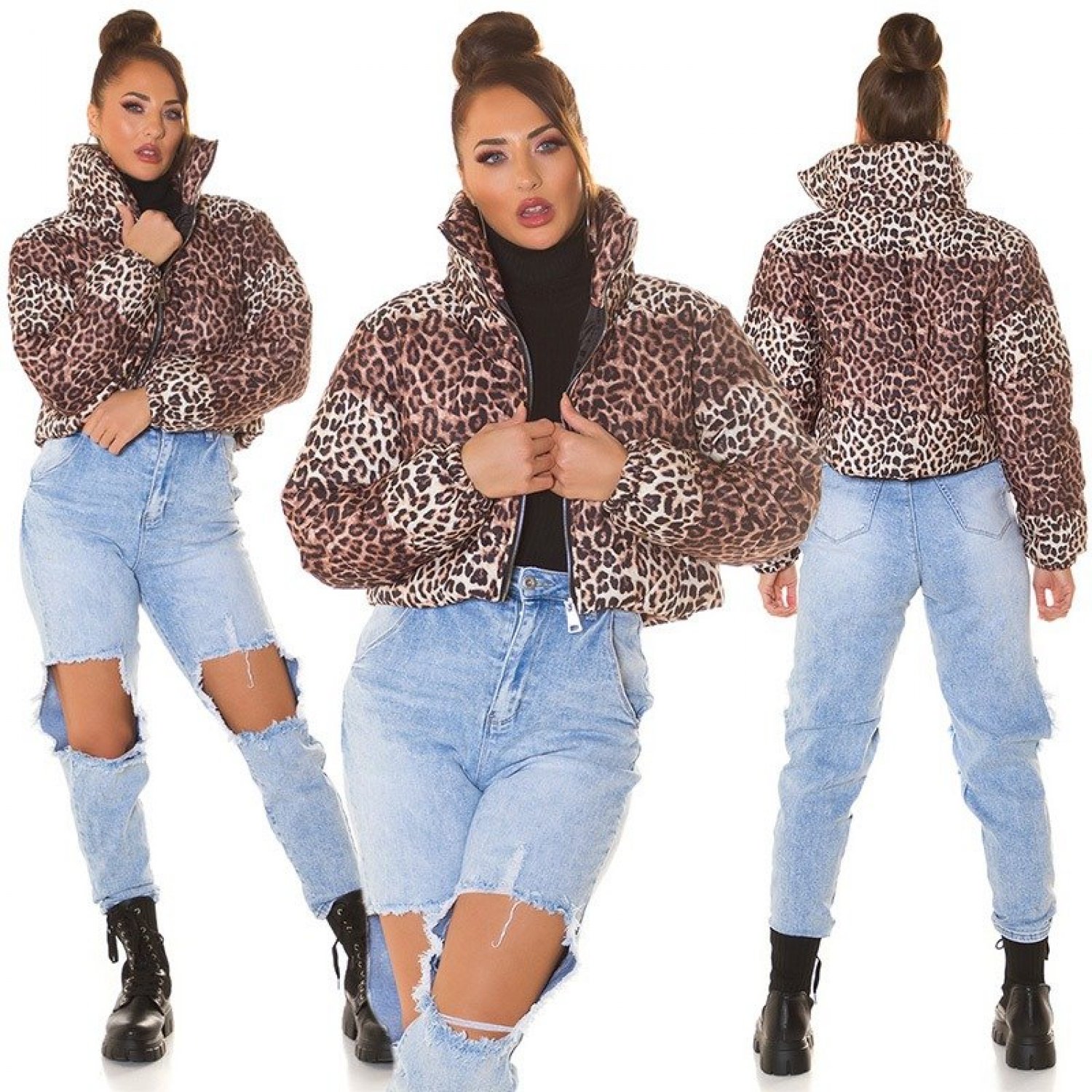 Geaca dama de iarna scurta, din nylon, leopard print, bomber, Zeynep ...