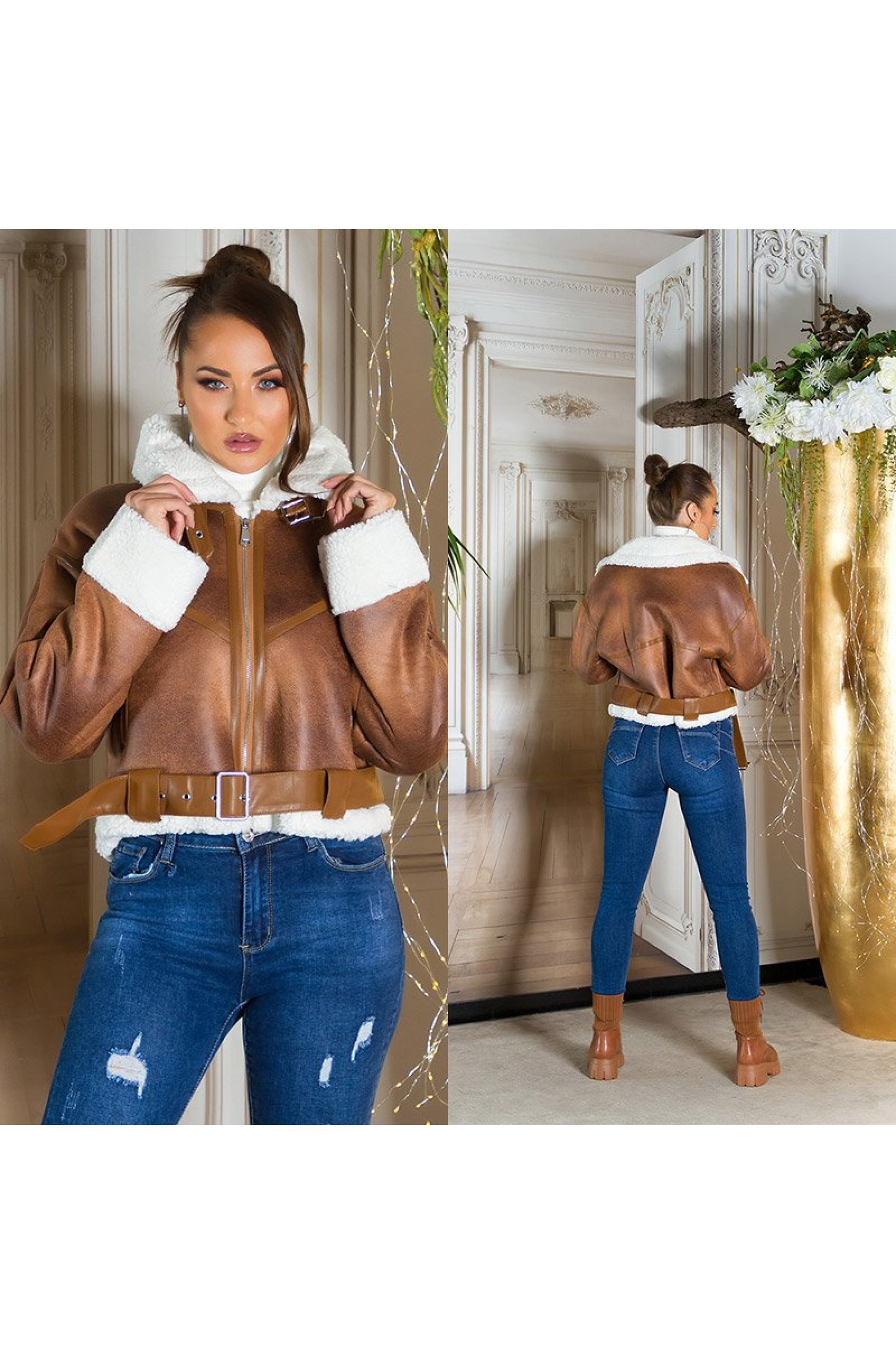 Geaca dama de iarna scurta, imitatie piele de caprioara, maro, cu blana ...