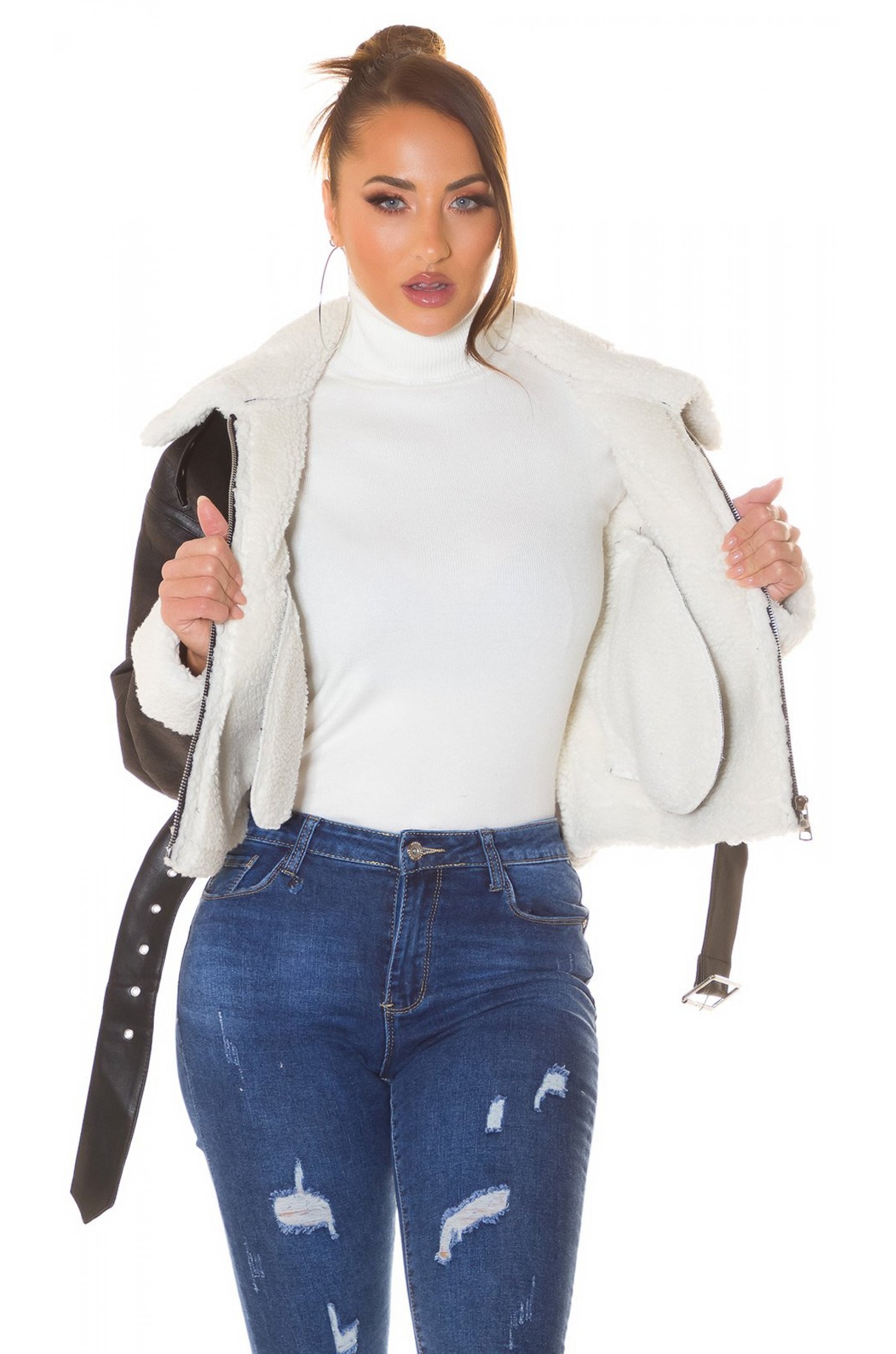 Geaca dama de iarna scurta, imitatie piele de caprioara, neagra, cu ...