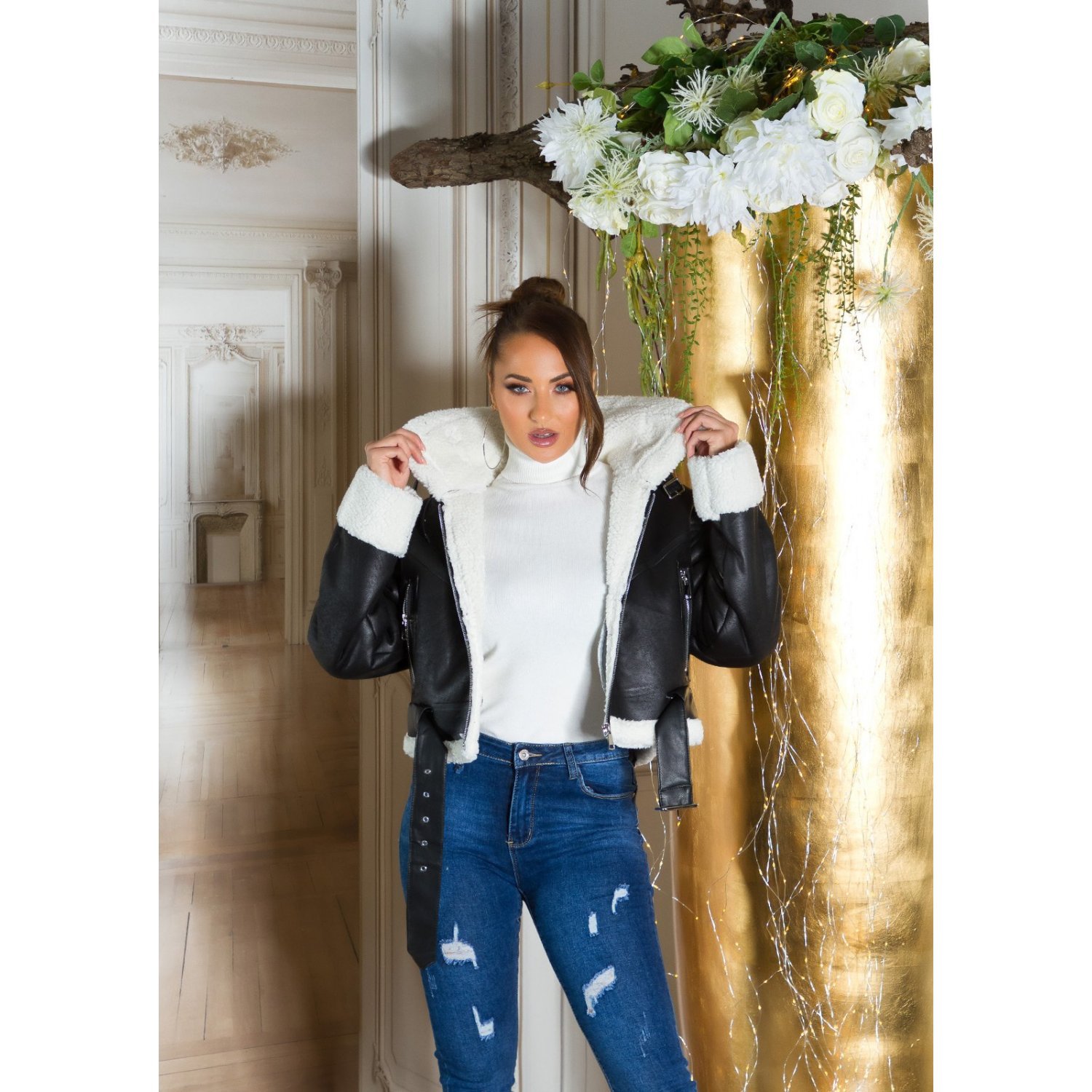 Geaca dama de iarna scurta, imitatie piele de caprioara, neagra, cu ...