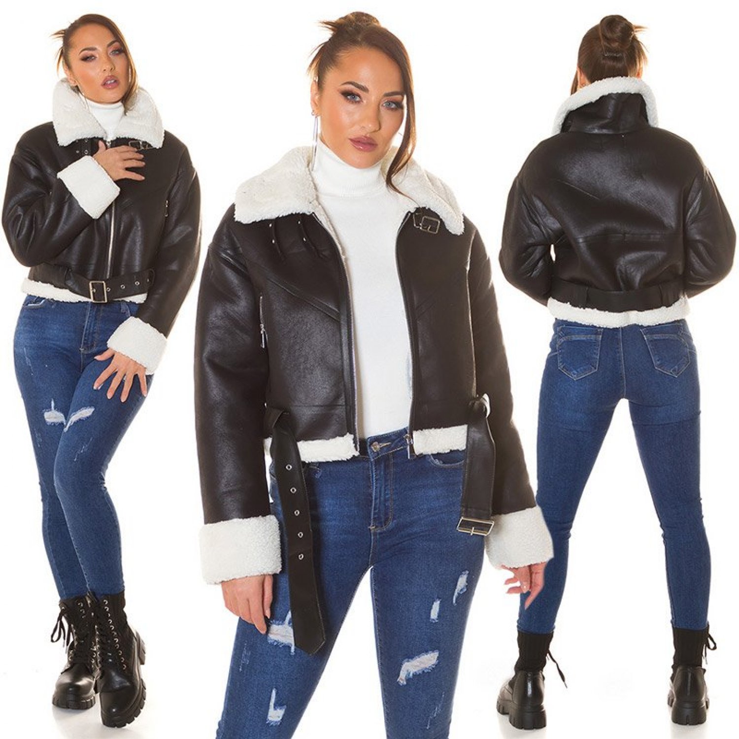 Geaca dama de iarna scurta, imitatie piele de caprioara, neagra, cu ...