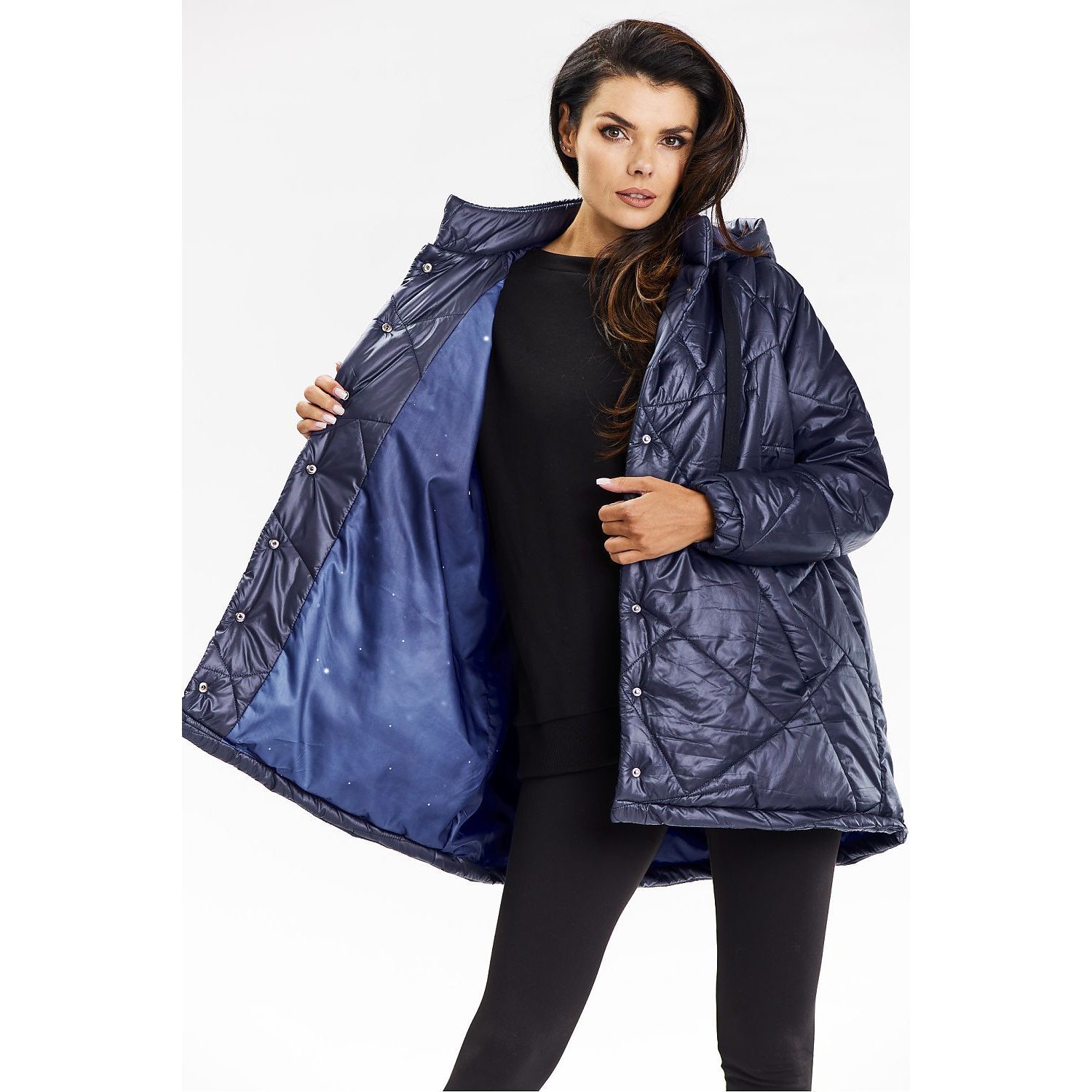 Geaca dama de iarna scurta, matlasata, bleumarin navy, cu gluga ...