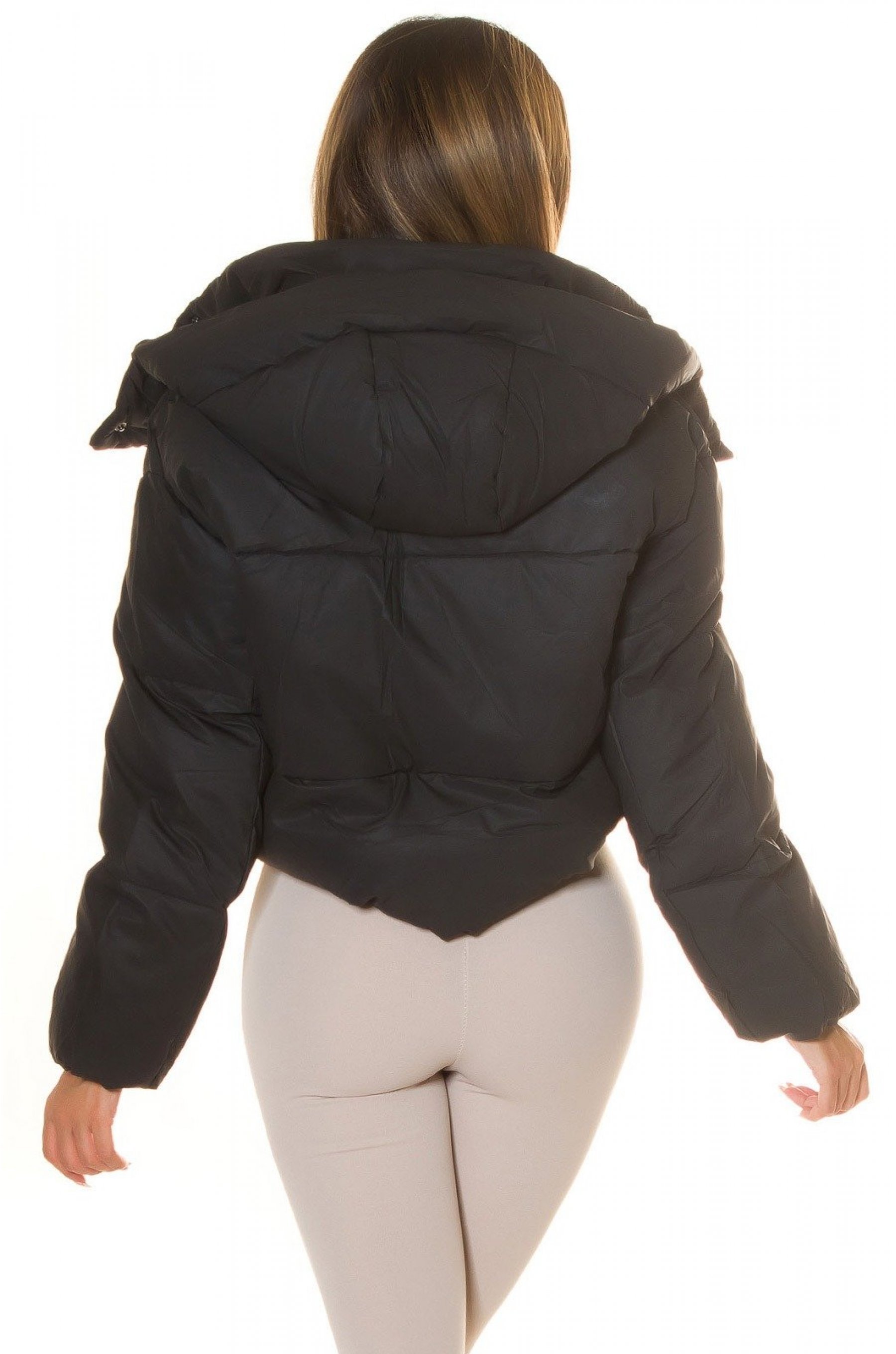 Geaca dama de iarna, scurta, matlasata, neagra, cu gluga, Minnie ...