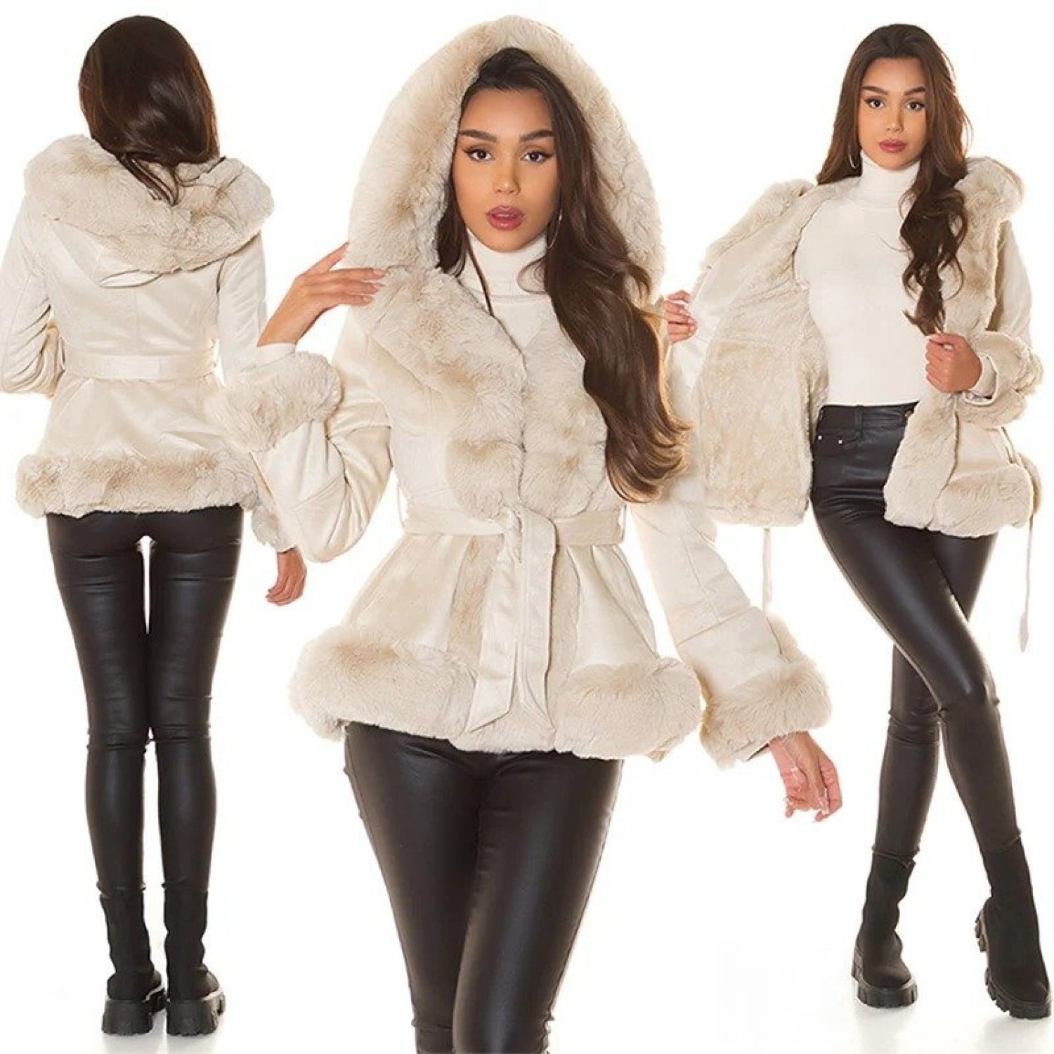 Geaca dama de iarna, scurta, piele eco bej, cu gluga si blanita, Musse ...