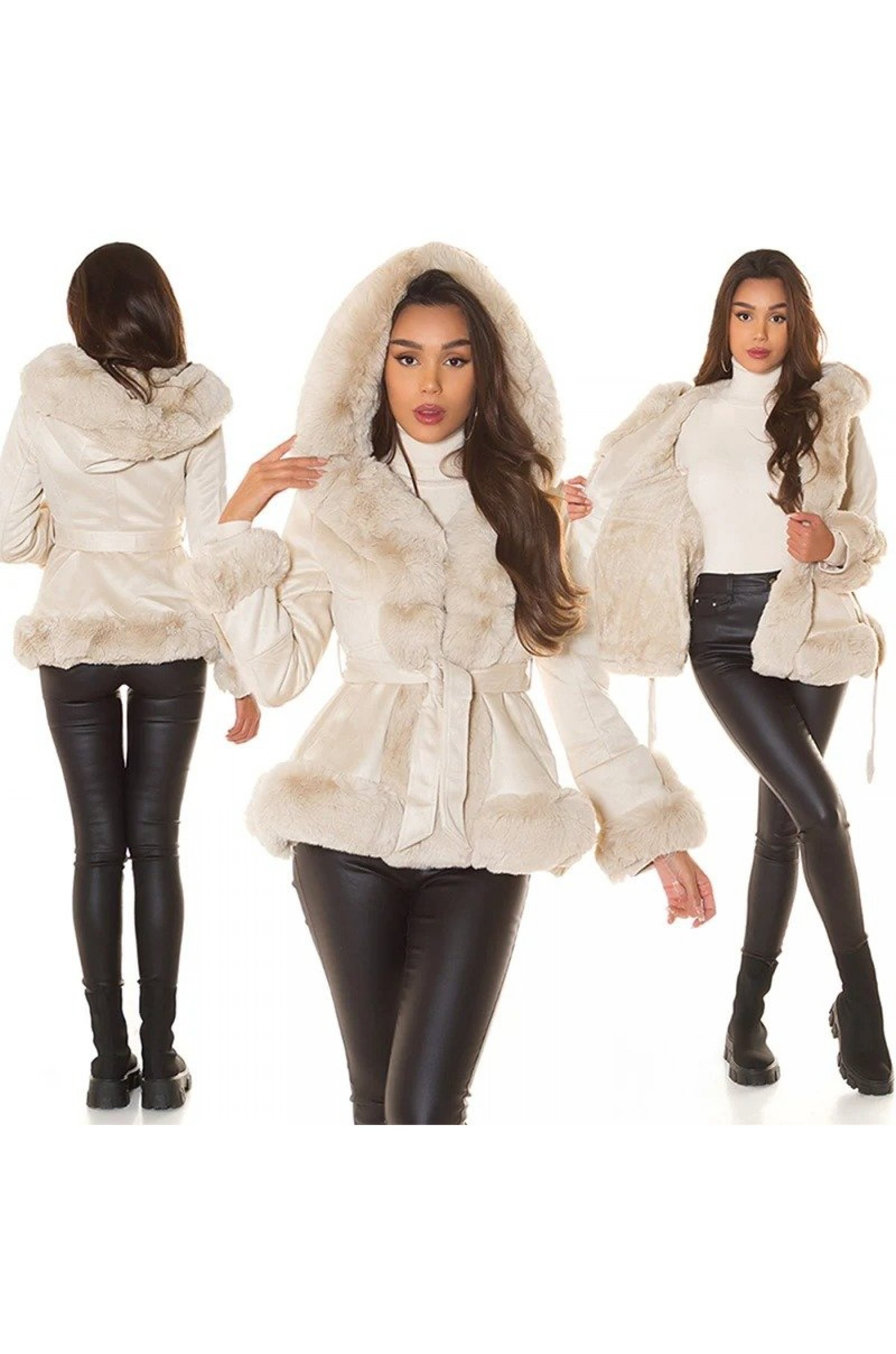 Geaca dama de iarna, scurta, piele eco bej, cu gluga si blanita, Musse ...