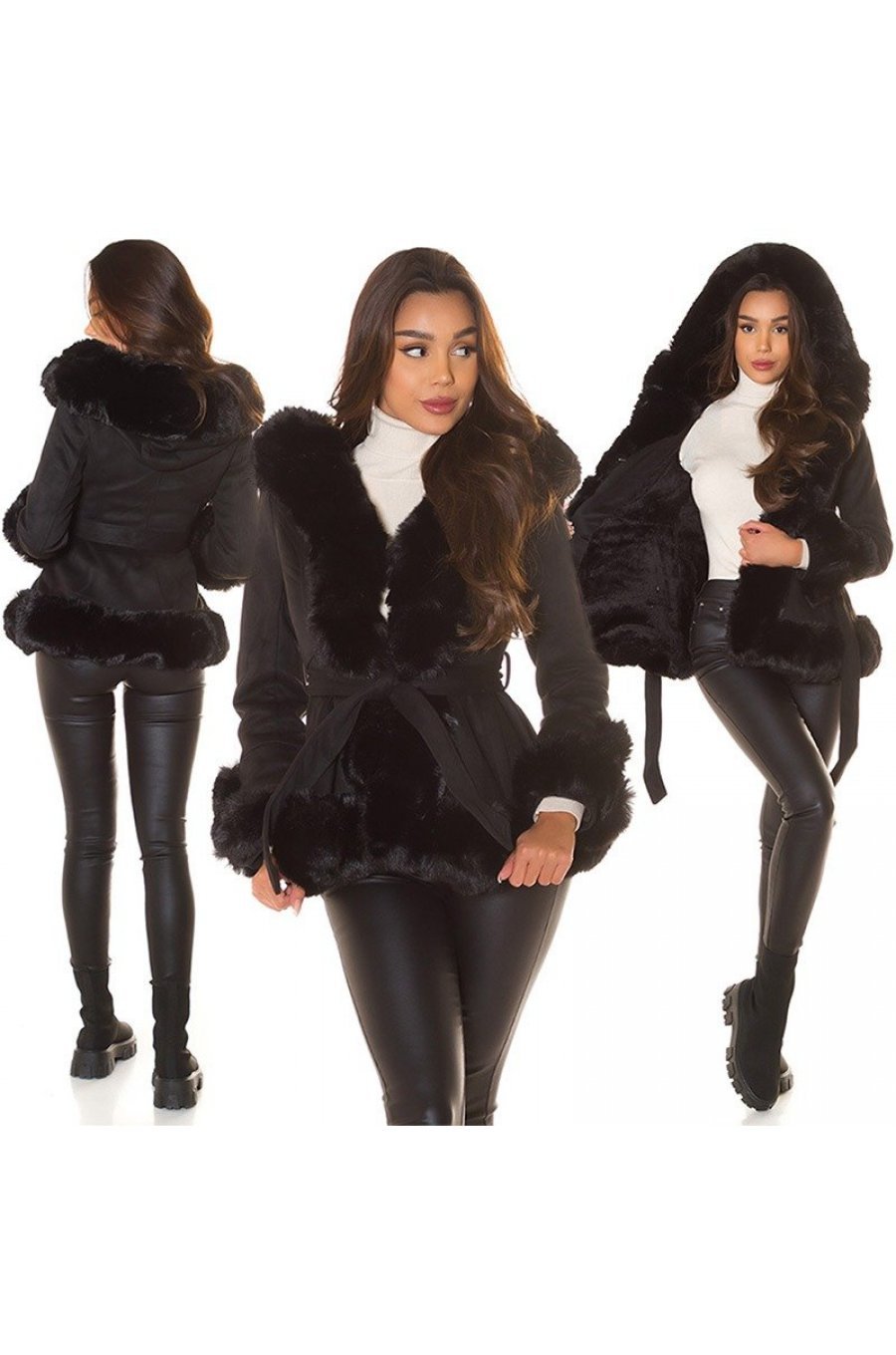 Geaca dama de iarna, scurta, piele eco neagra, cu gluga si blanita ...
