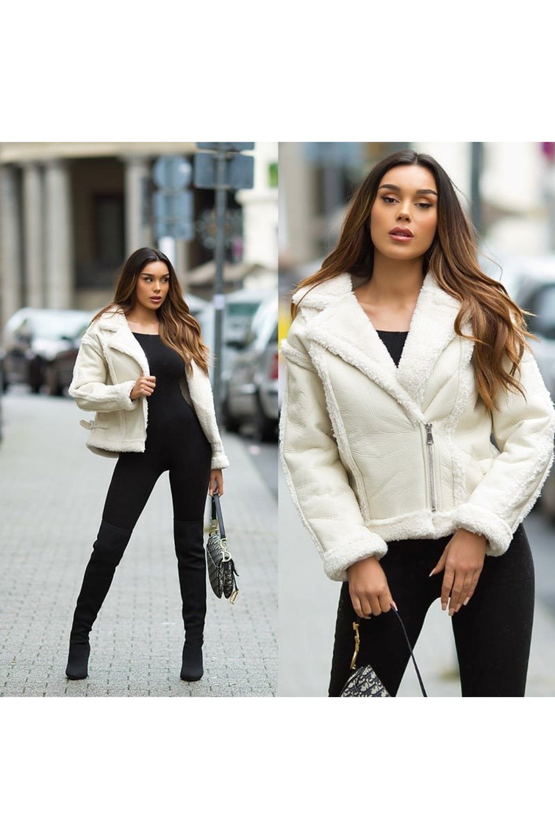 Geaca dama de iarna scurta, tip cojoc, piele eco bej cu blana alba ...