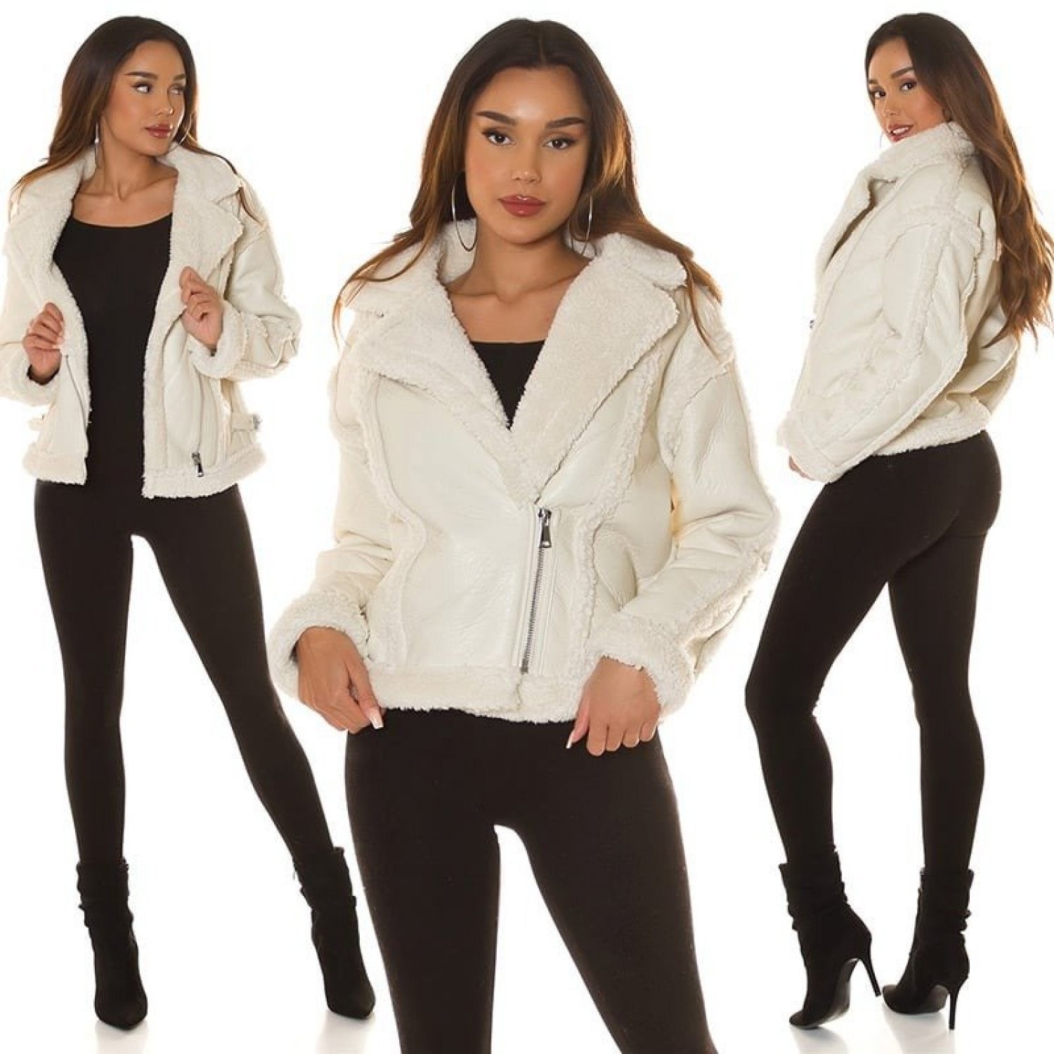 Geaca dama de iarna scurta, tip cojoc, piele eco bej cu blana alba ...