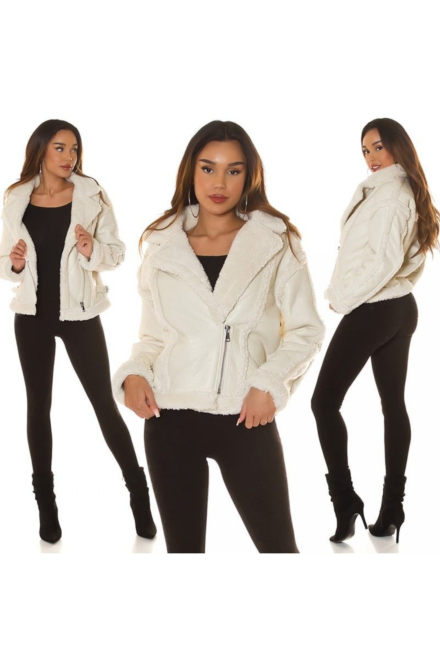 Geaca dama de iarna scurta, tip cojoc, piele eco bej cu blana alba ...