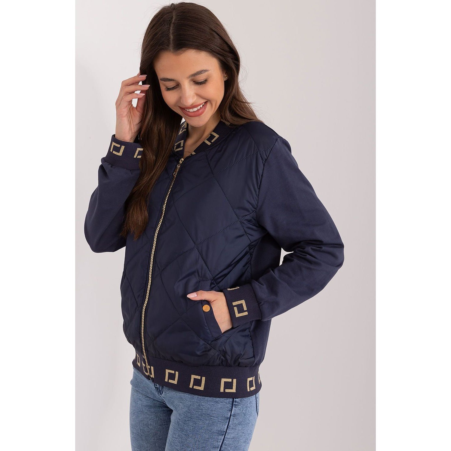 Geaca dama de primavara scurta, din bumbac si fas, bleumarin, matlasata ...