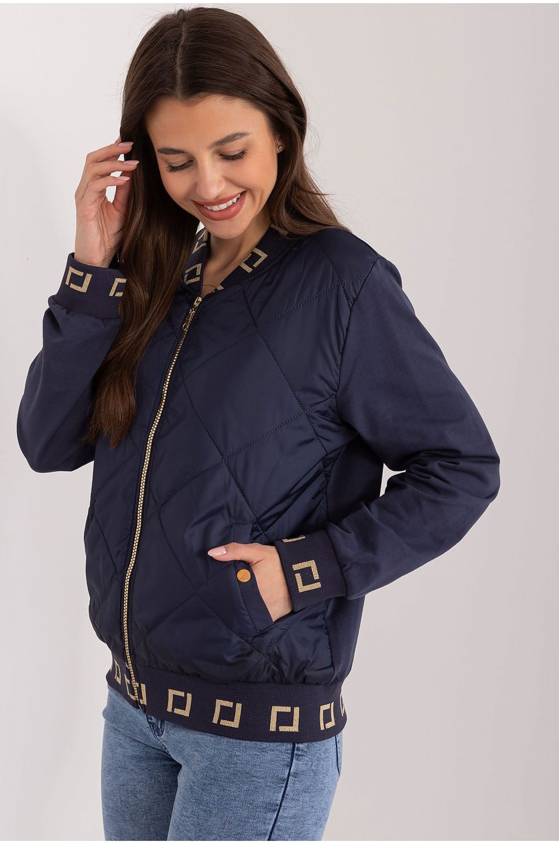 Geaca dama de primavara scurta, din bumbac si fas, bleumarin, matlasata ...