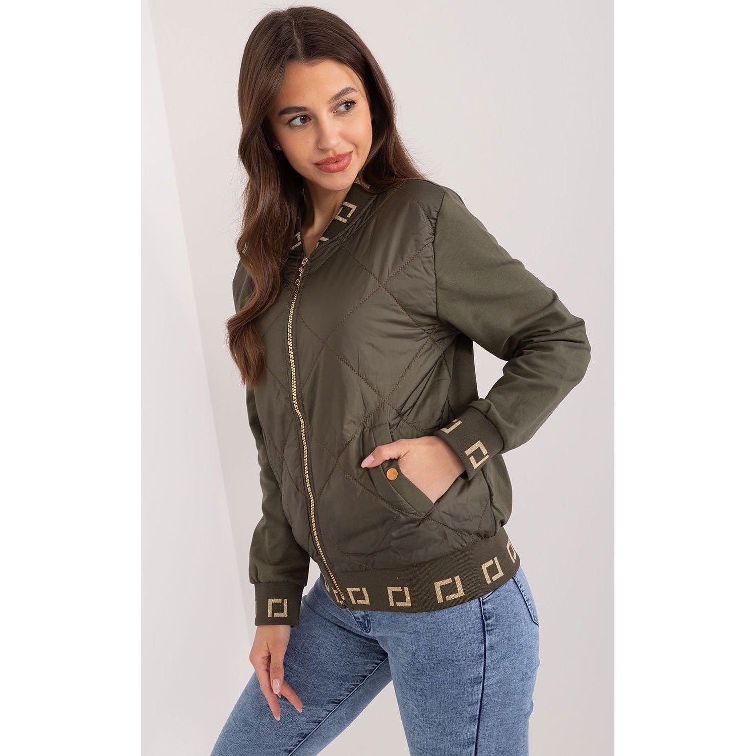 Geaca dama de primavara scurta, din bumbac si fas, kaki, matlasata ...