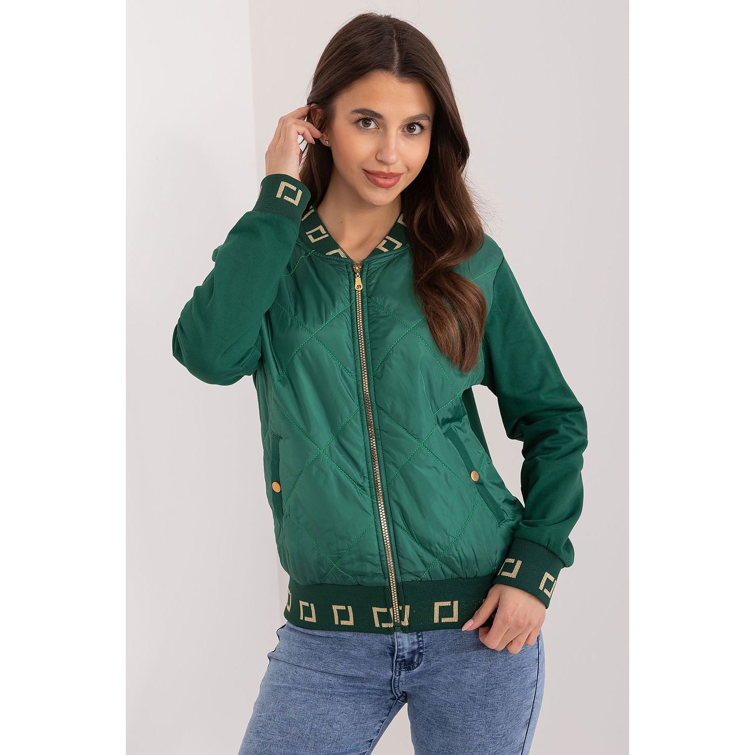 Geaca dama de primavara scurta, din bumbac si fas, verde, matlasata ...