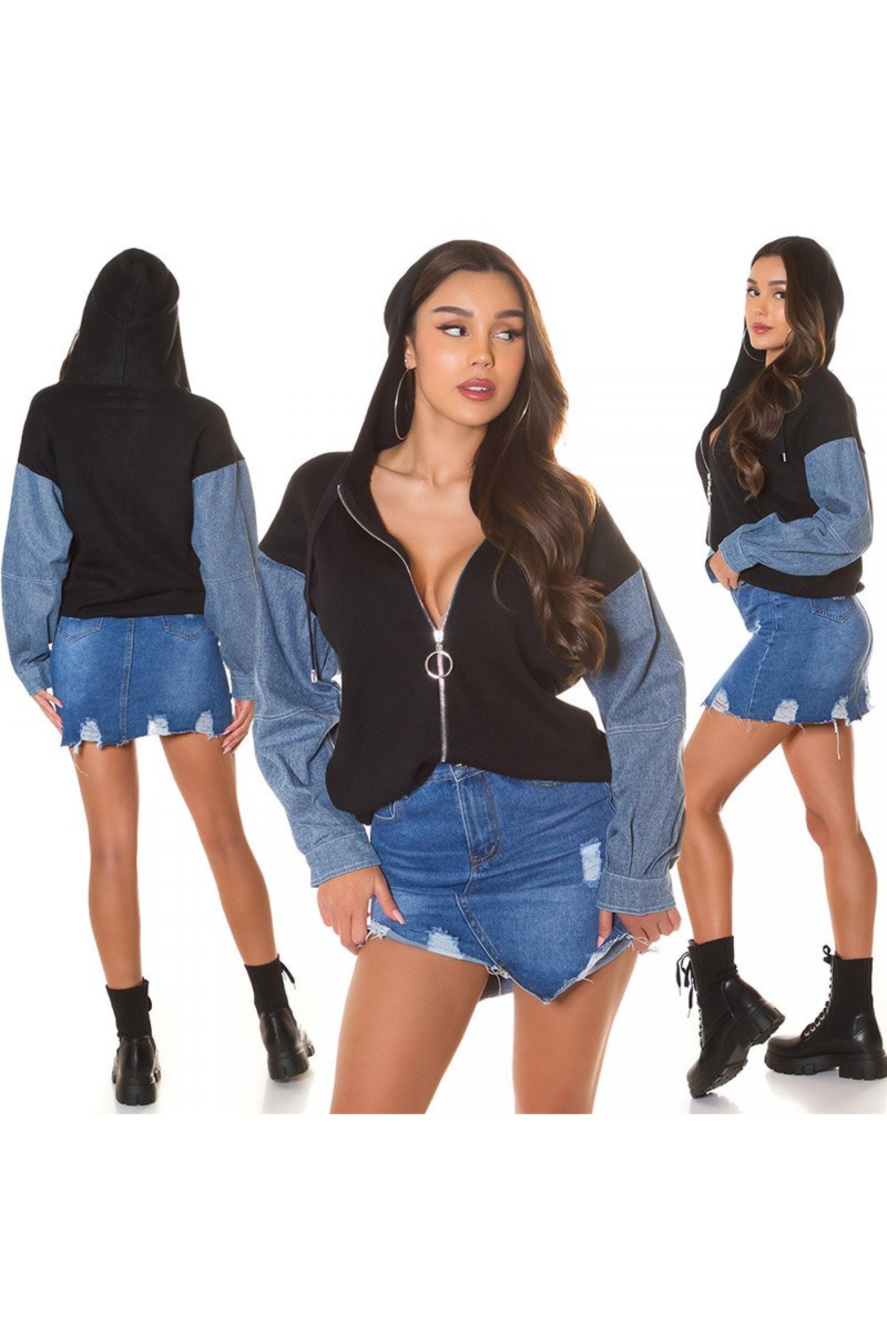 Geaca dama de primavara scurta, neagra, cu gluga si maneca din blugi ...