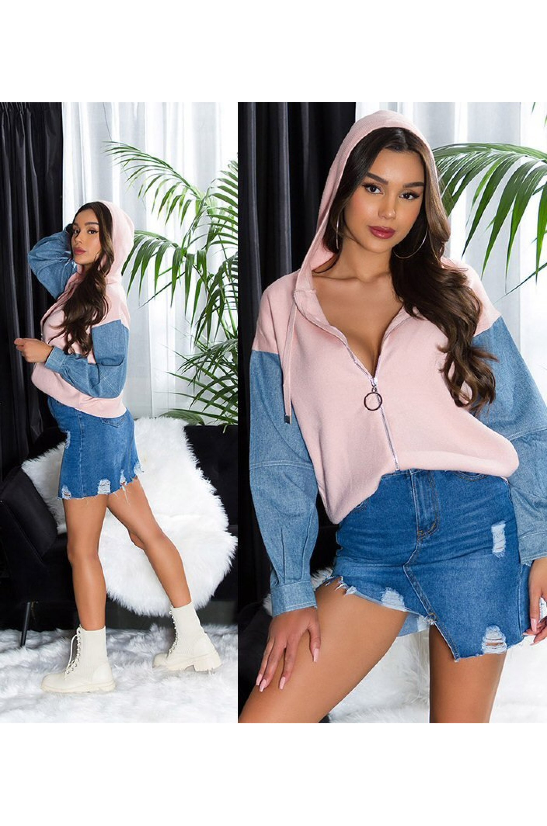 Geaca dama de primavara scurta, roz pal, cu gluga si maneca din blugi ...