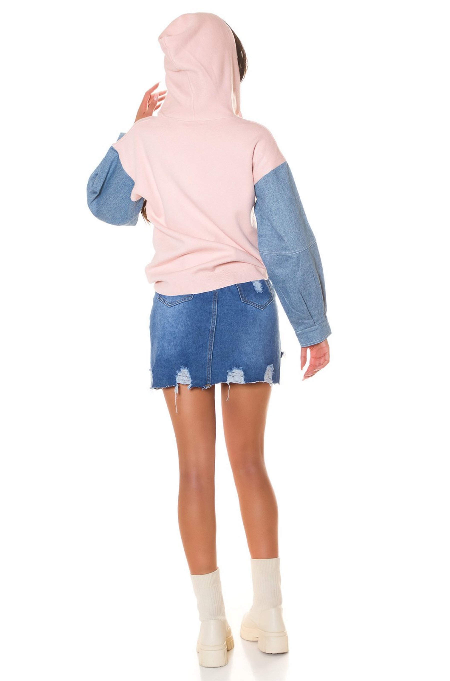 Geaca dama de primavara scurta, roz pal, cu gluga si maneca din blugi ...