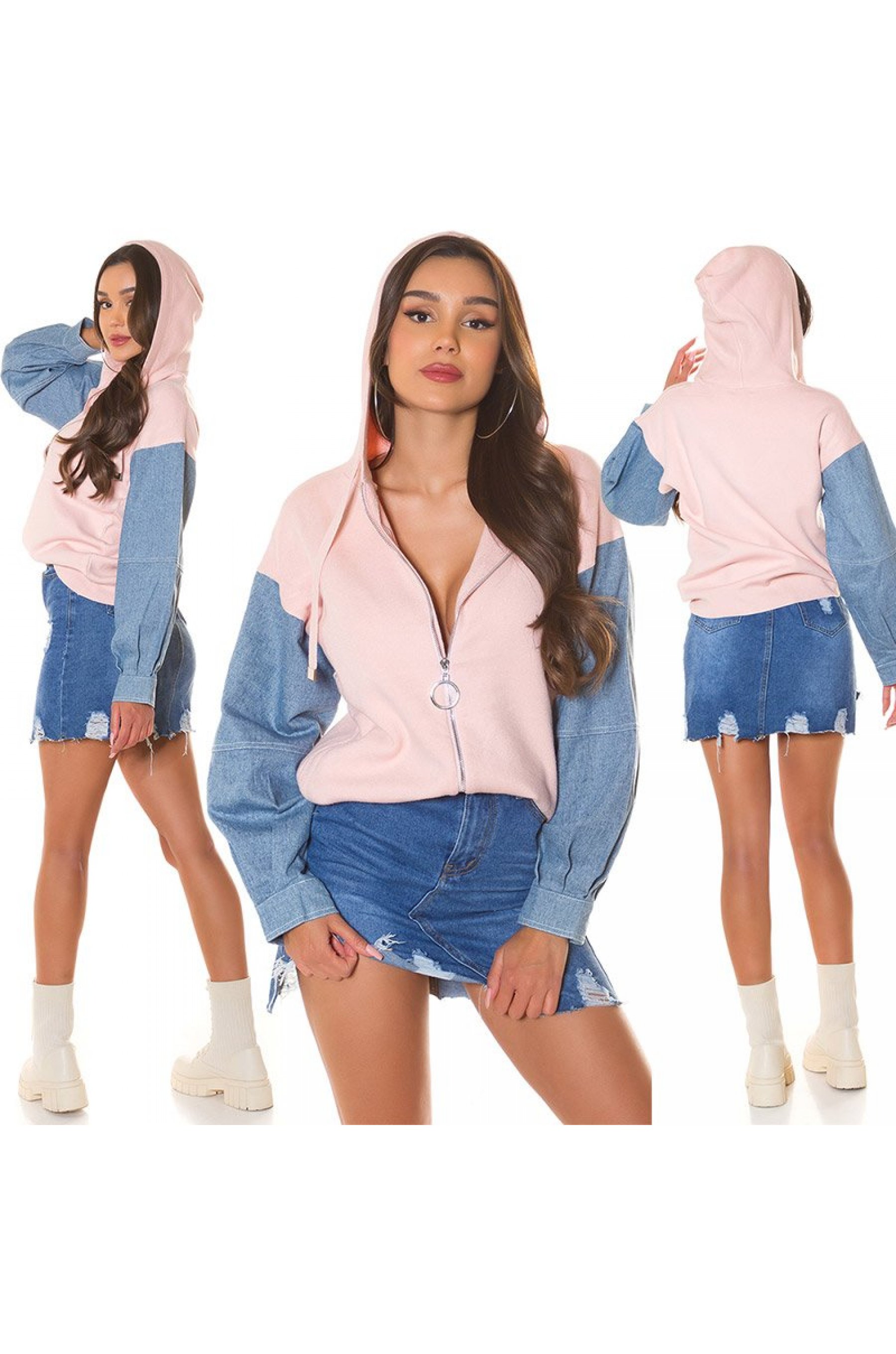 Geaca dama de primavara scurta, roz pal, cu gluga si maneca din blugi ...