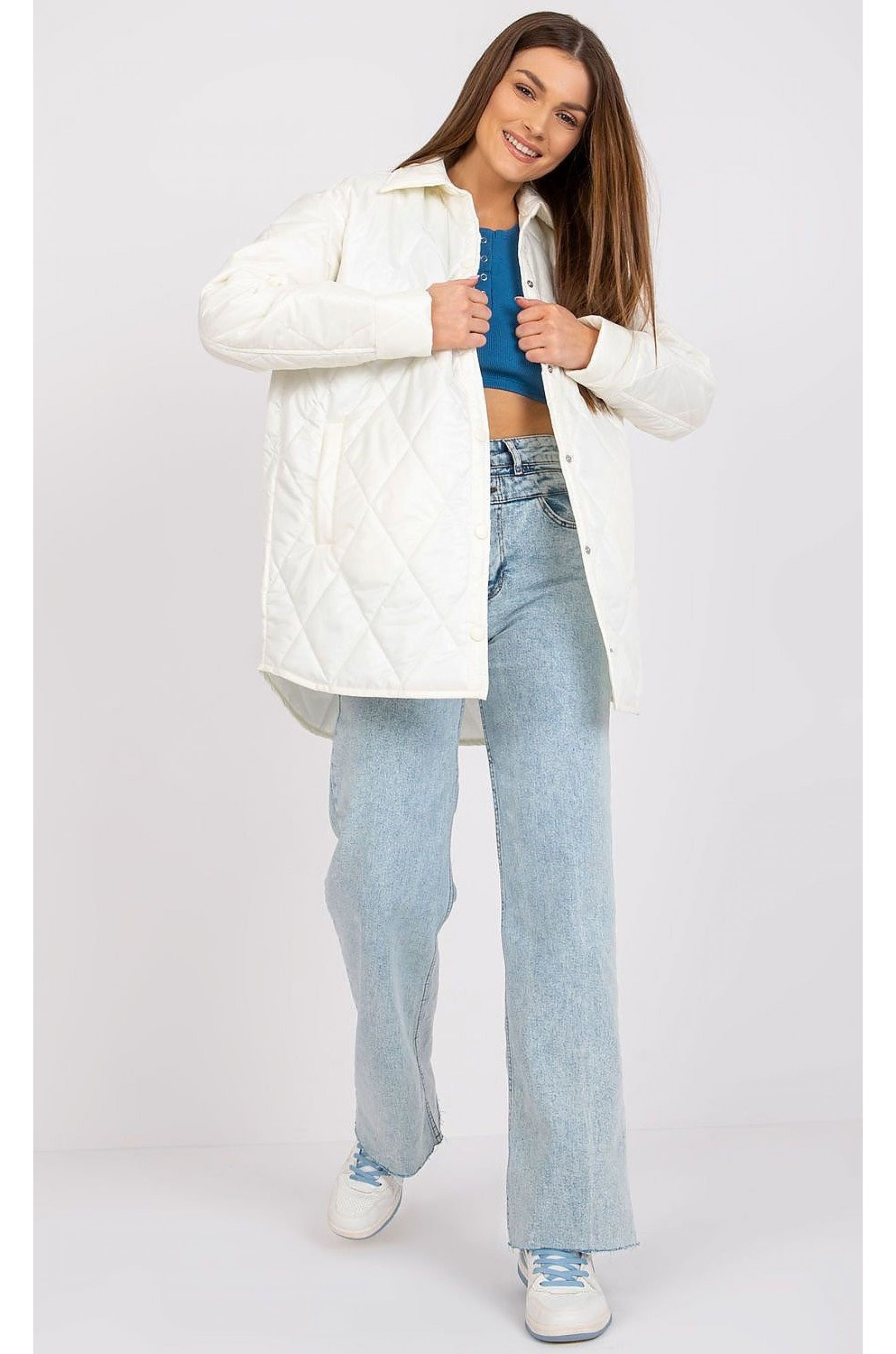 Geaca dama de toamna, matlasata, midi, din fas, ecru, Ronia2 ...