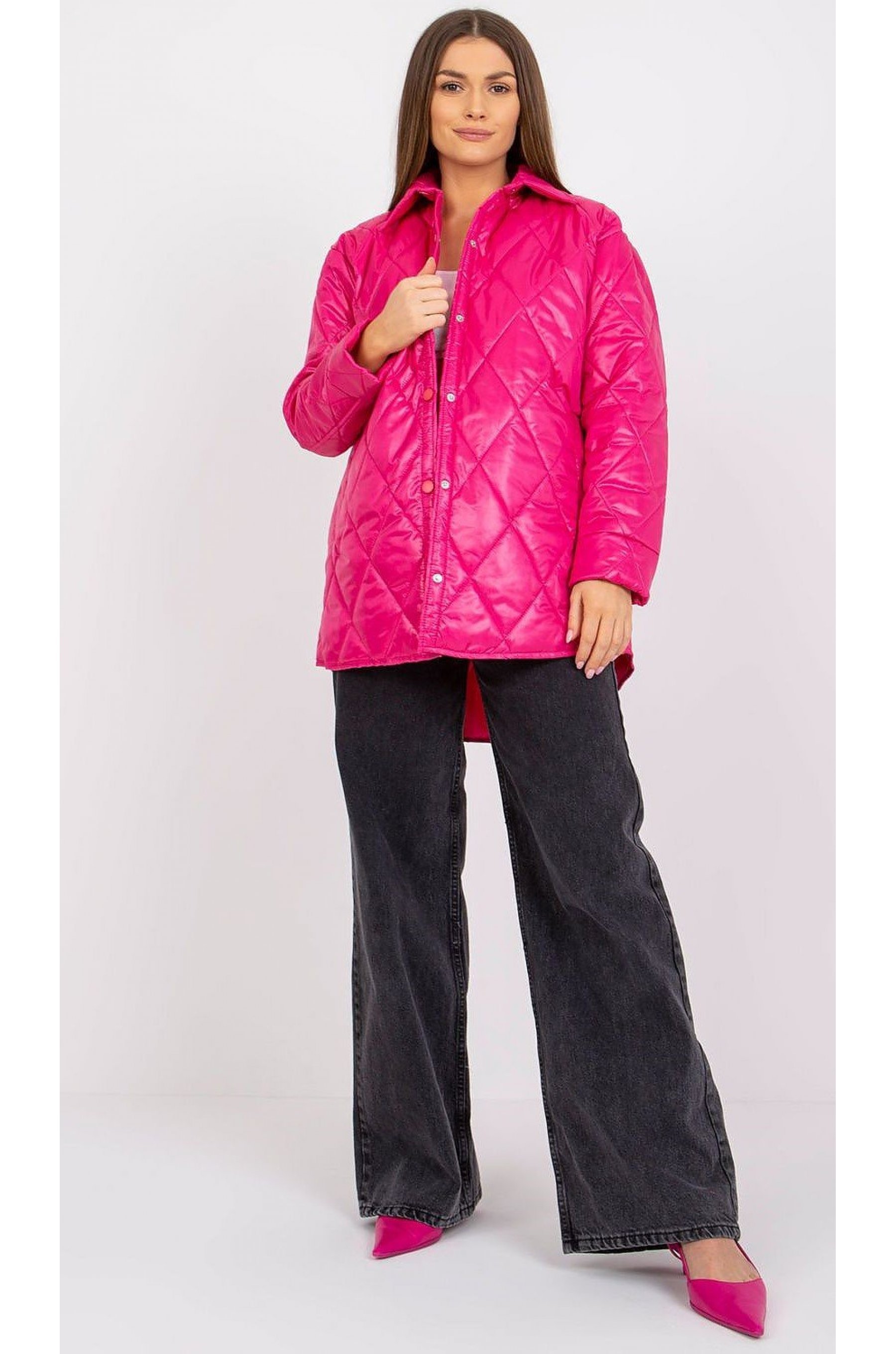 Geaca dama de toamna, matlasata, midi, din fas, roz fucsia, Ronia1 ...