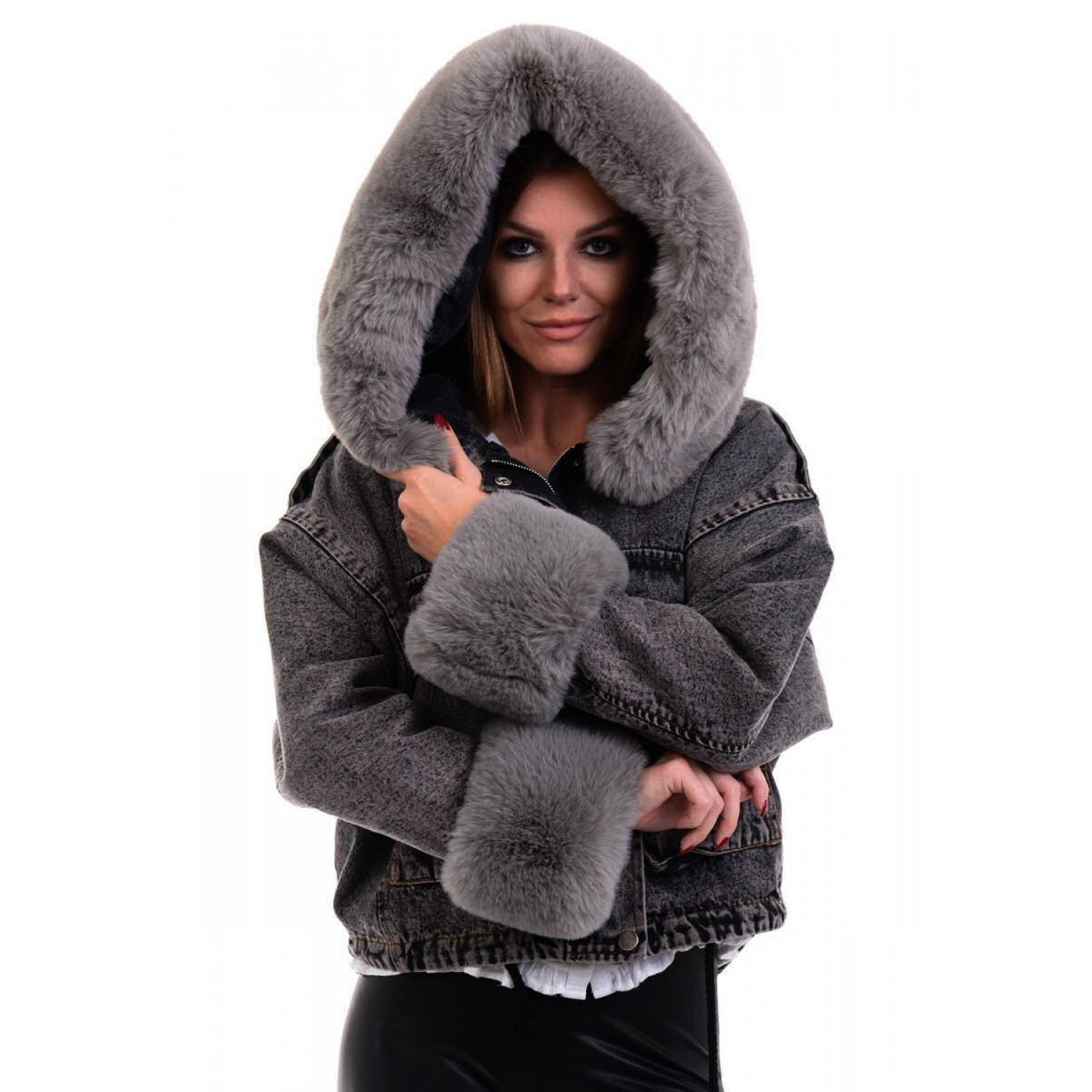 Geaca dama denim negru cu gluga si blana eco gri oversize Madelyne ...