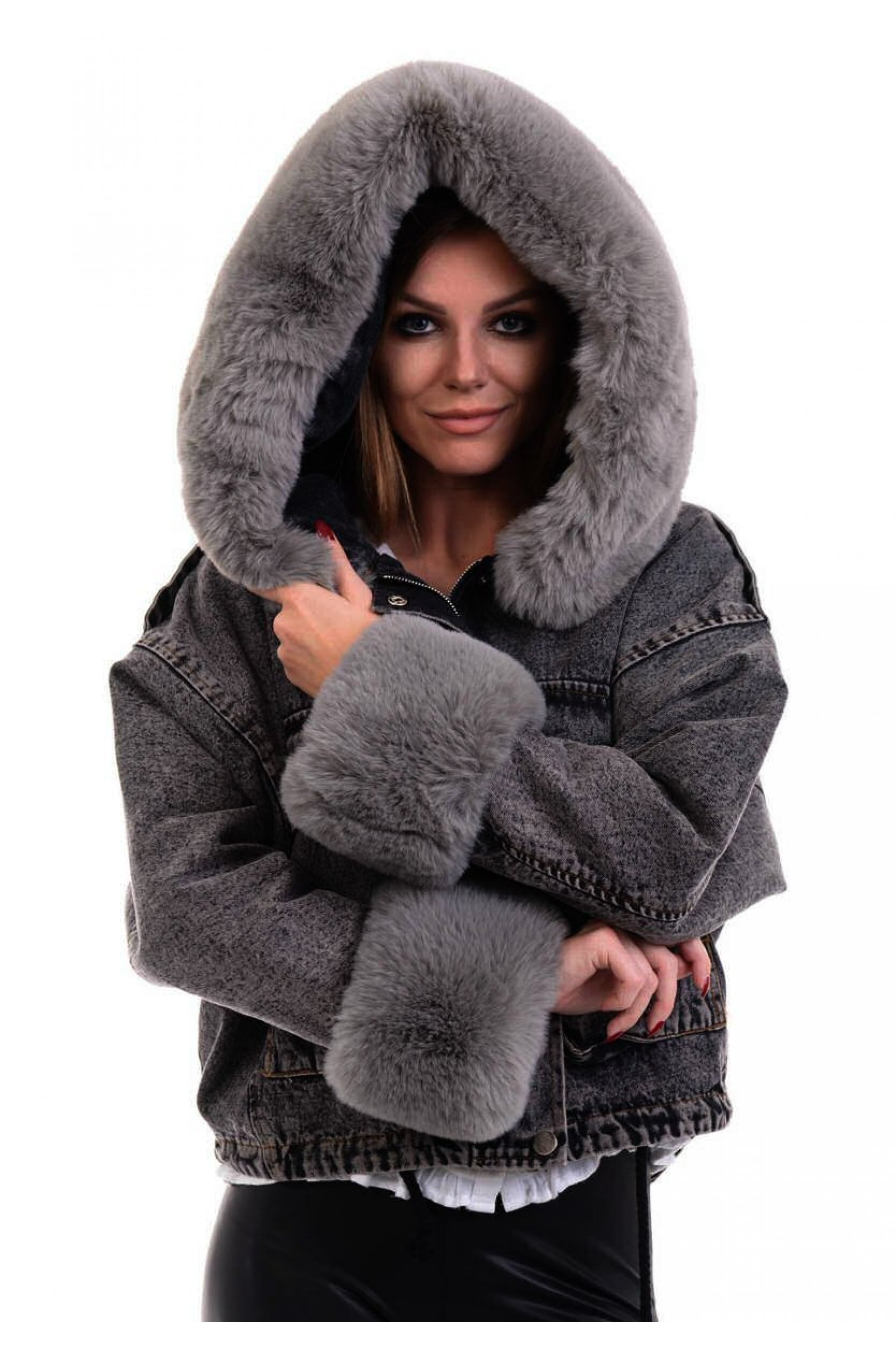Geaca dama denim negru cu gluga si blana eco gri oversize Madelyne ...