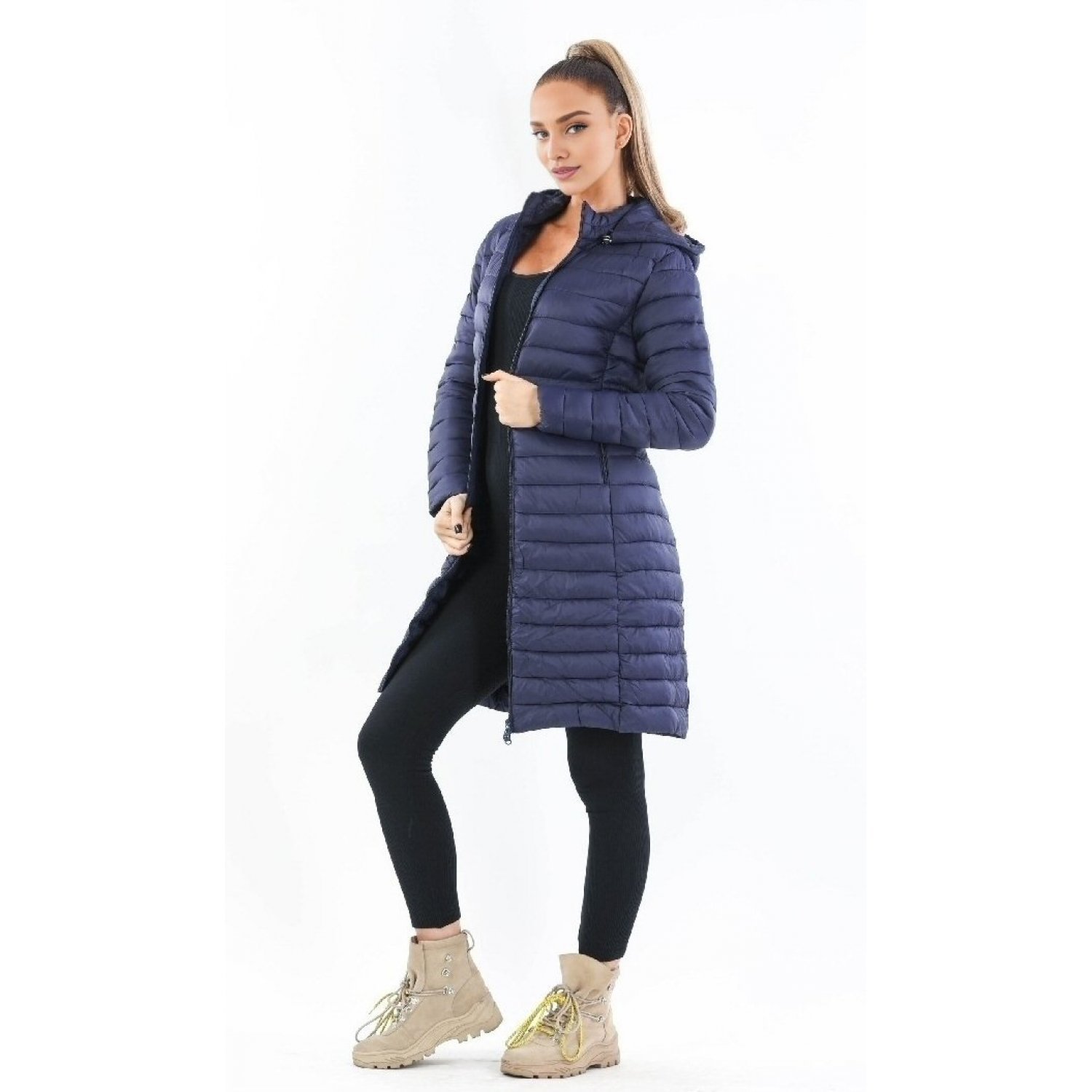 Geaca dama midi, din fas bleumarin, cu gluga, Aresha - JojoFashion.ro