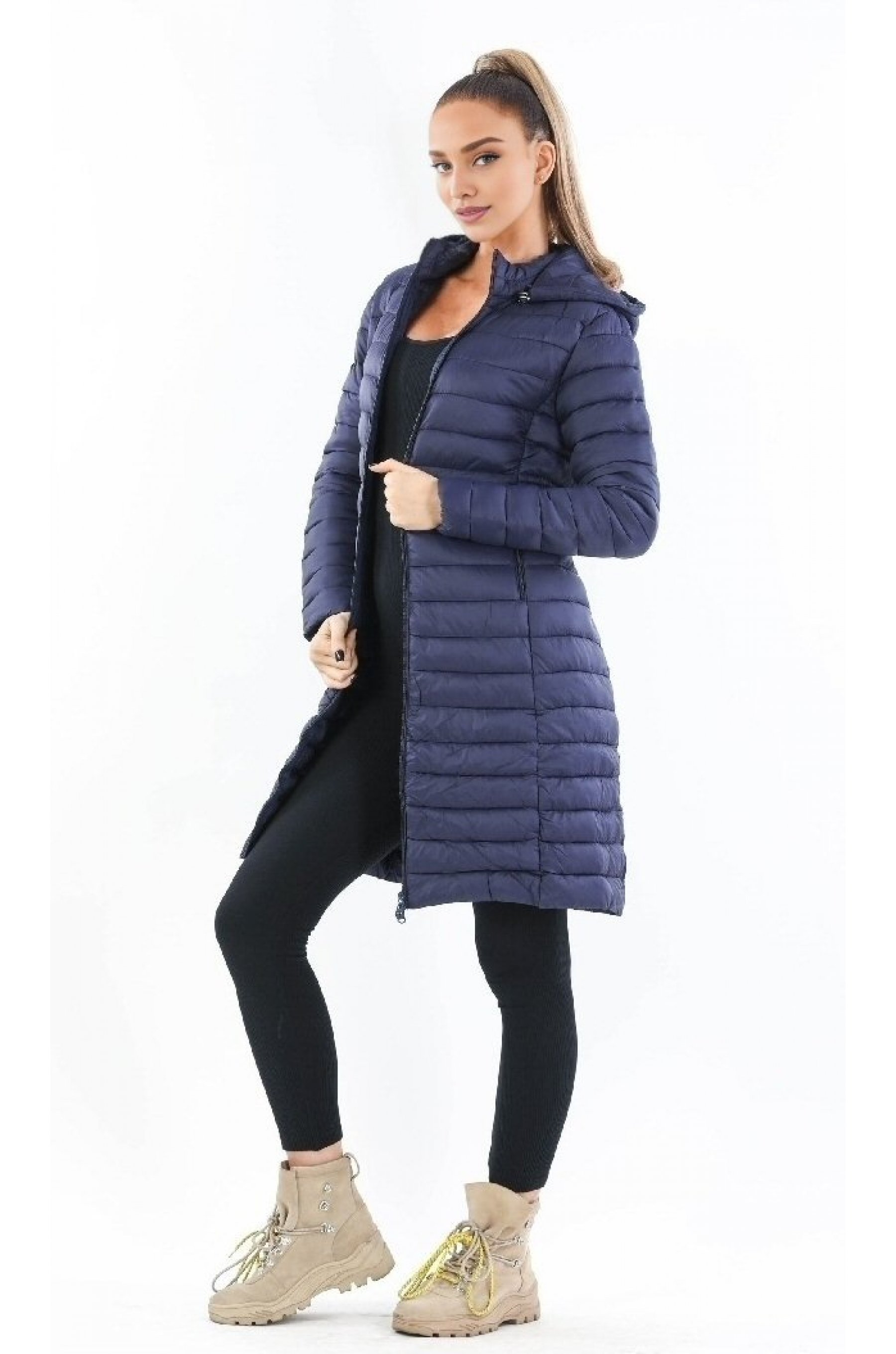 Geaca dama midi, din fas bleumarin, cu gluga, Aresha - JojoFashion.ro