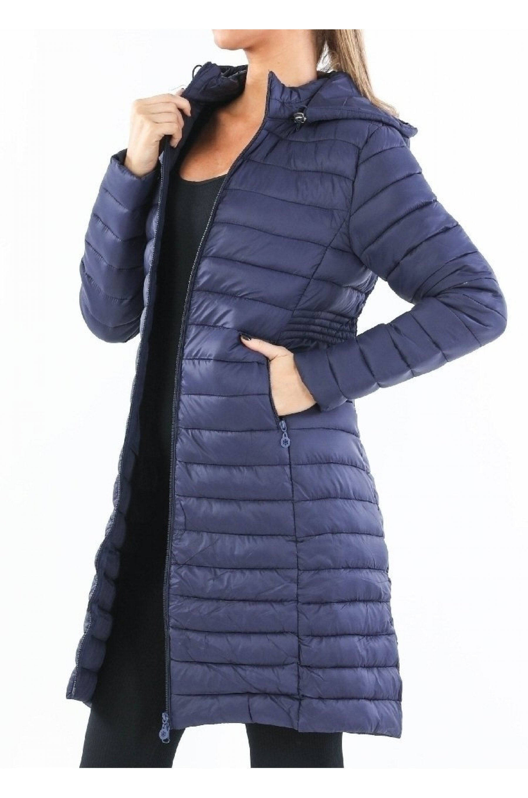 Geaca dama midi, din fas bleumarin, cu gluga, Aresha - JojoFashion.ro