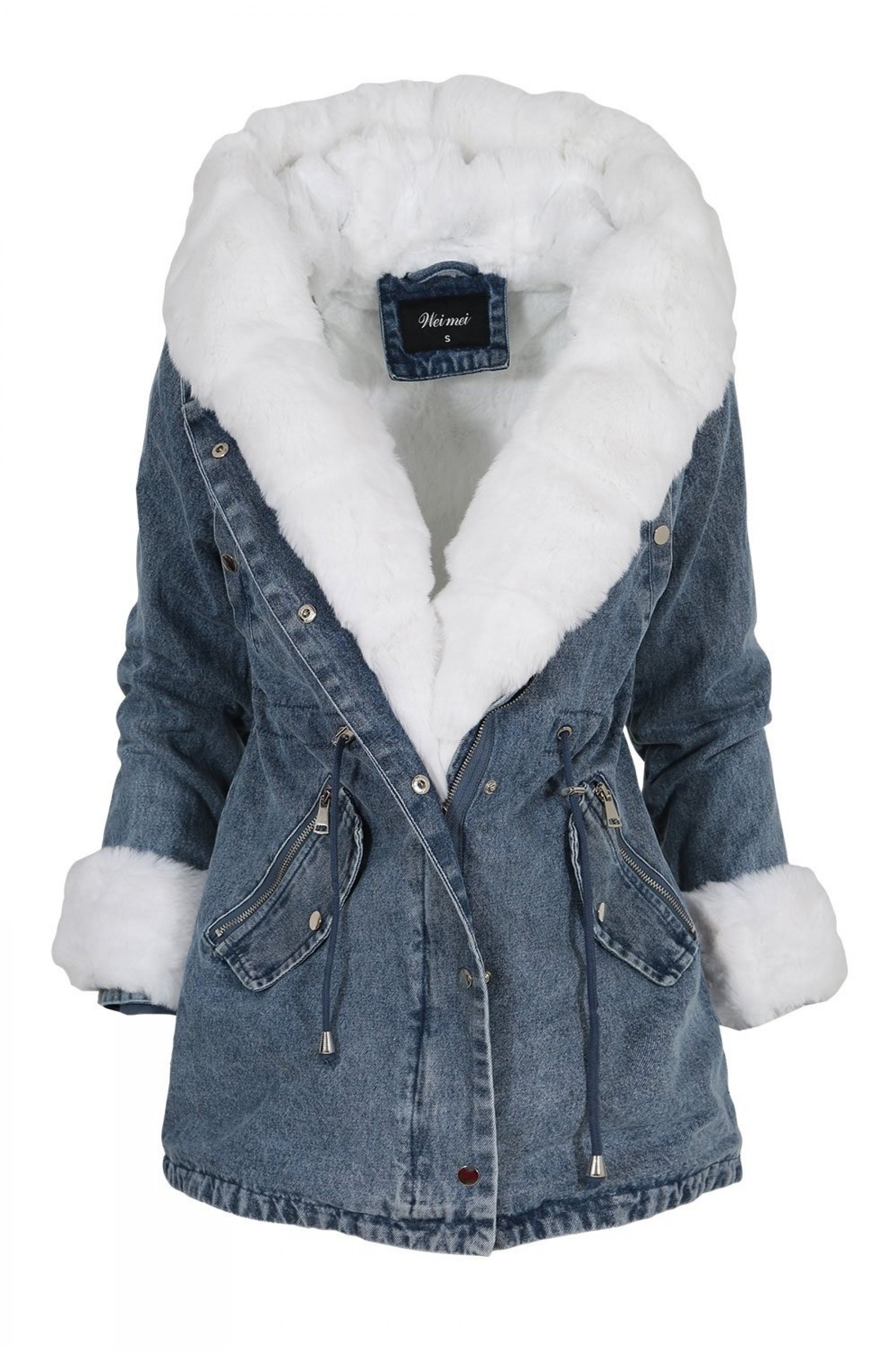 Geaca dama parka din denim albastru cu blanita eco alba Wanda ...