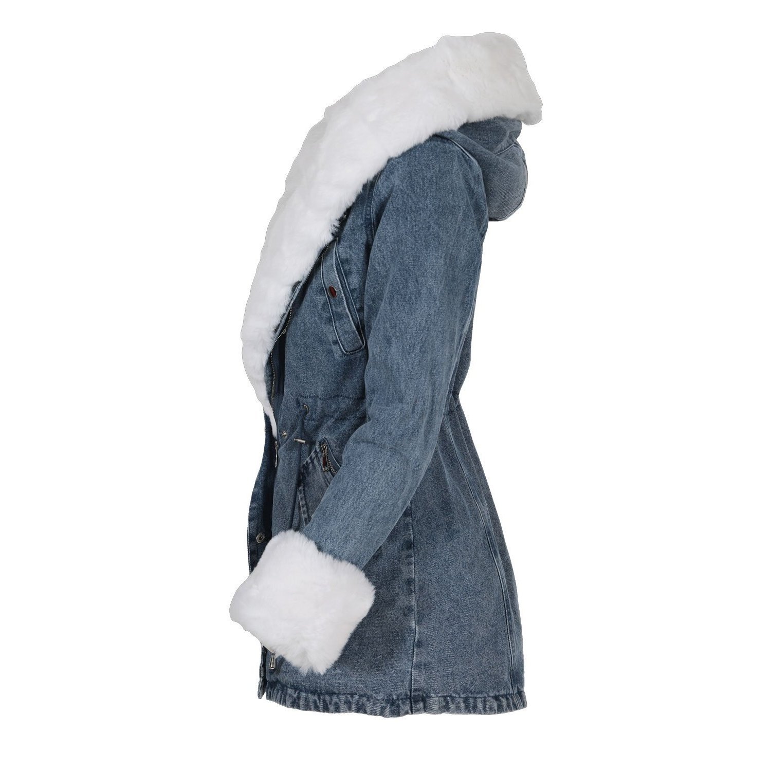 Geaca dama parka din denim albastru cu blanita eco alba Wanda ...