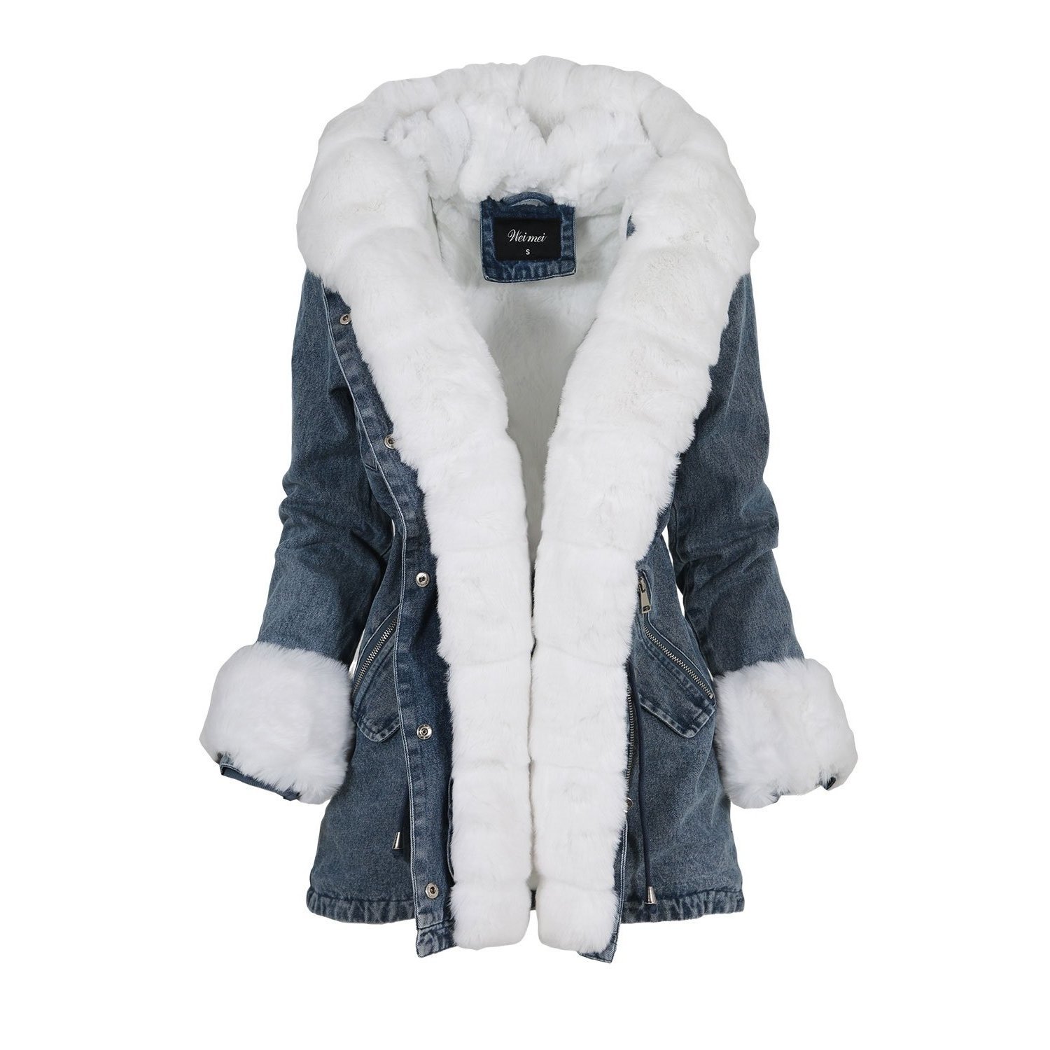 Geaca dama parka din denim albastru cu blanita eco alba Wanda ...