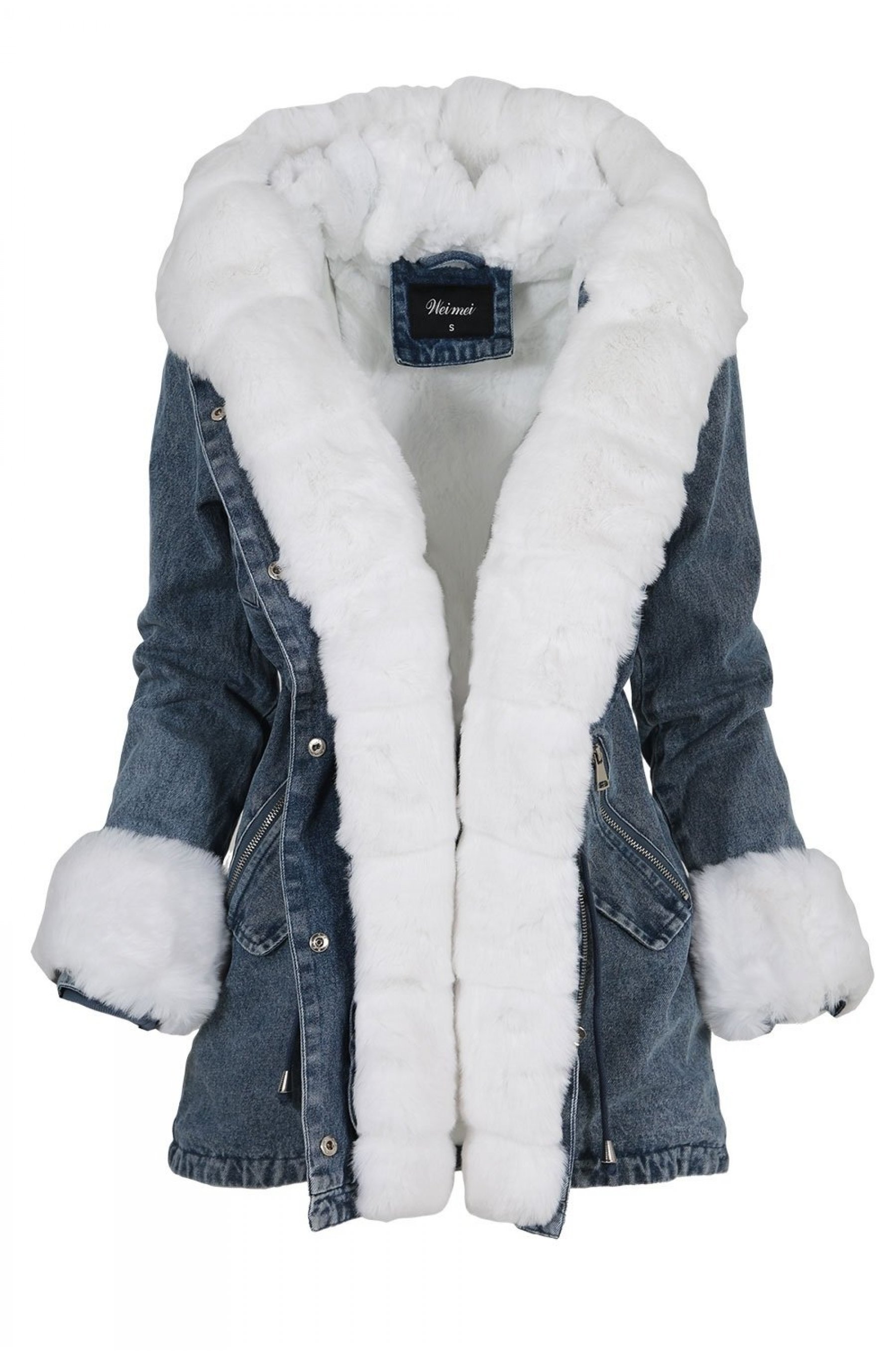 Geaca dama parka din denim albastru cu blanita eco alba Wanda ...