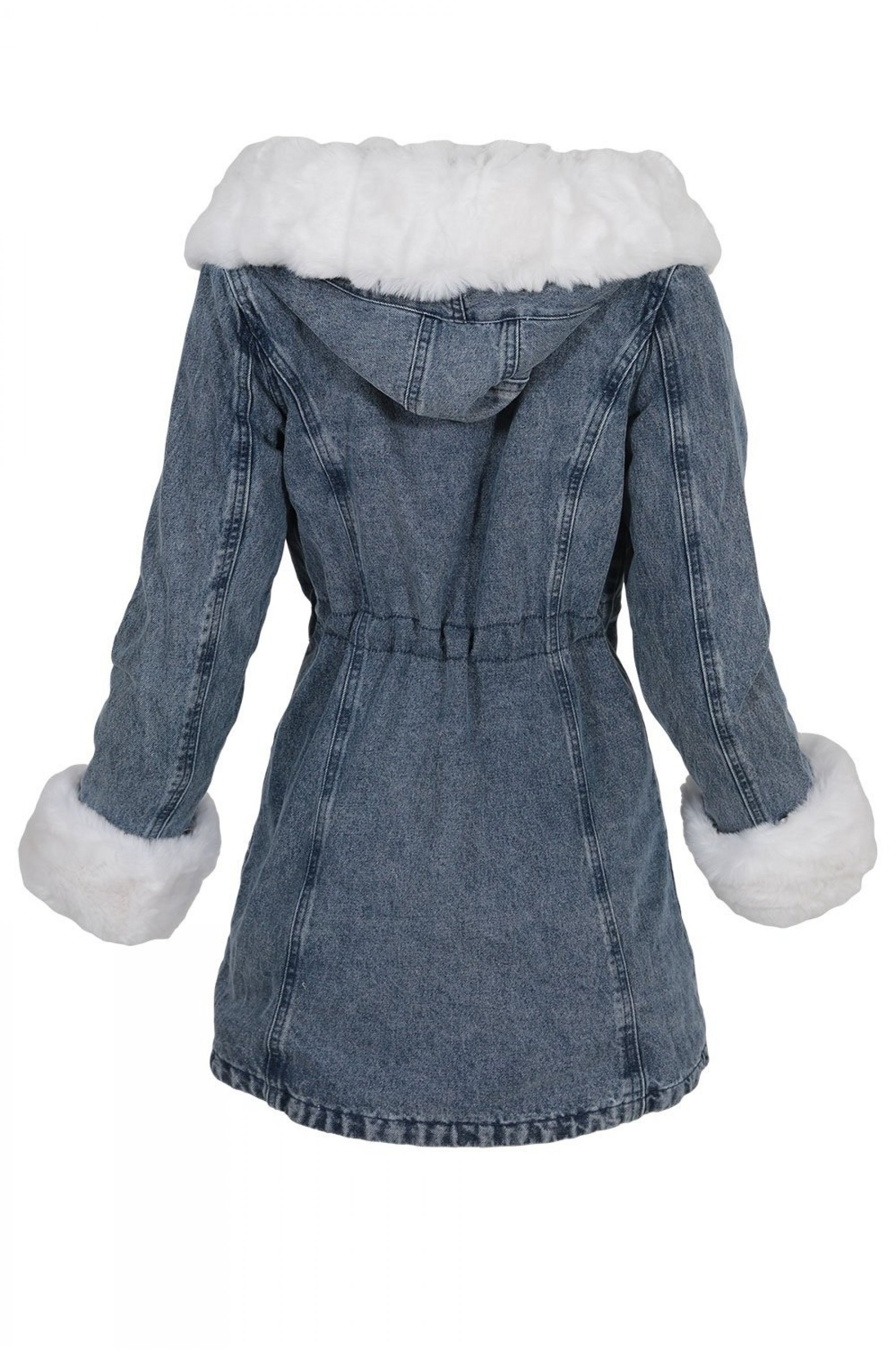 Geaca dama parka din denim albastru cu blanita eco alba Wanda ...