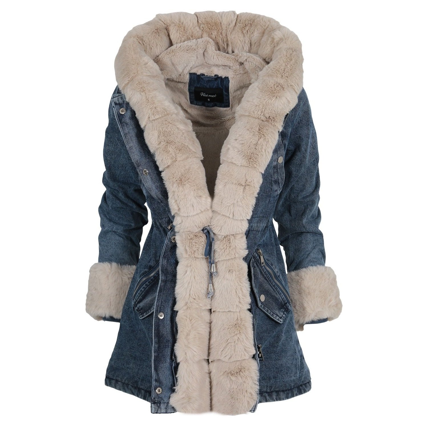 Geaca dama parka din denim albastru cu blanita eco bej Wanda ...