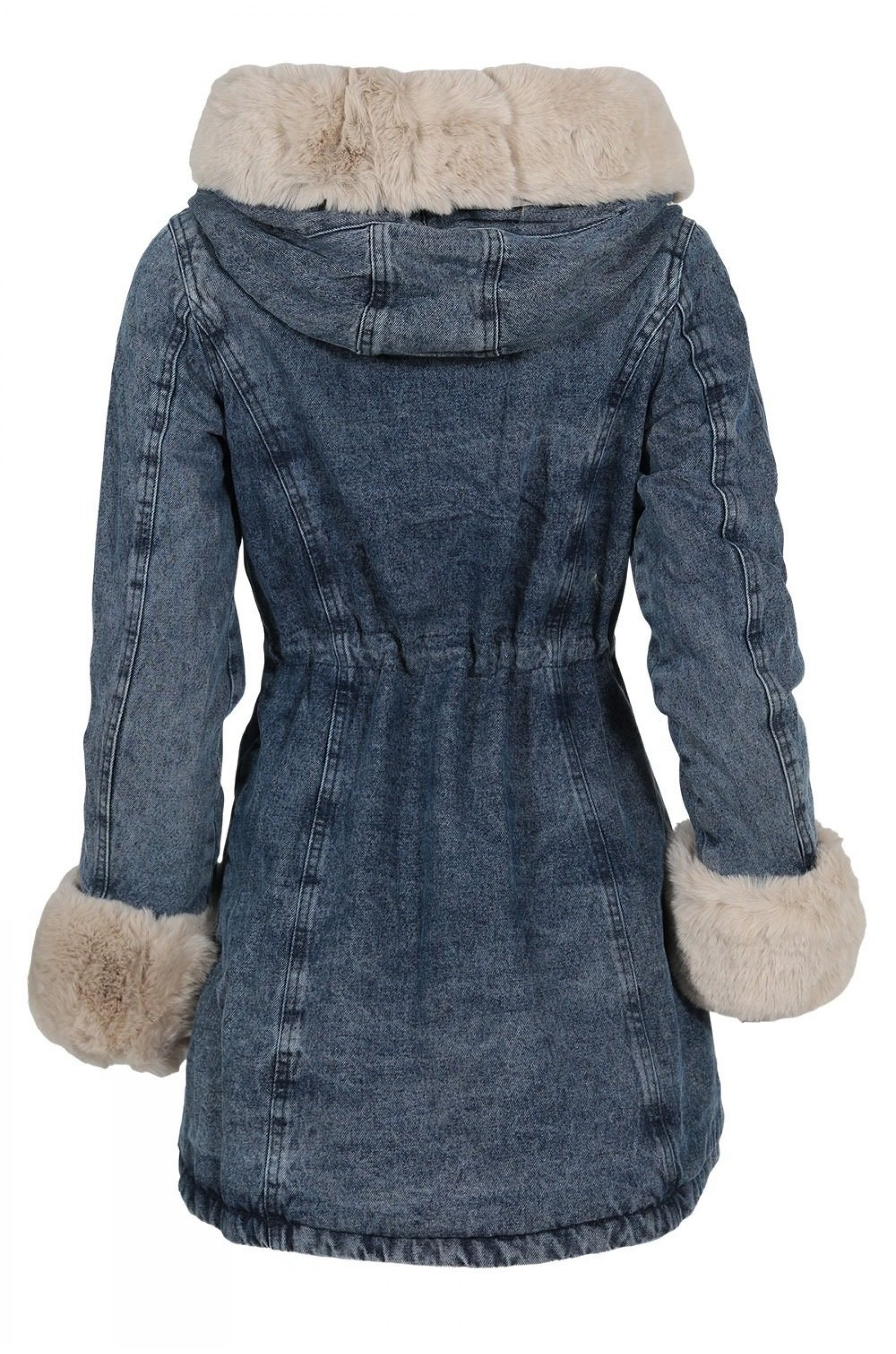 Geaca dama parka din denim albastru cu blanita eco bej Wanda ...