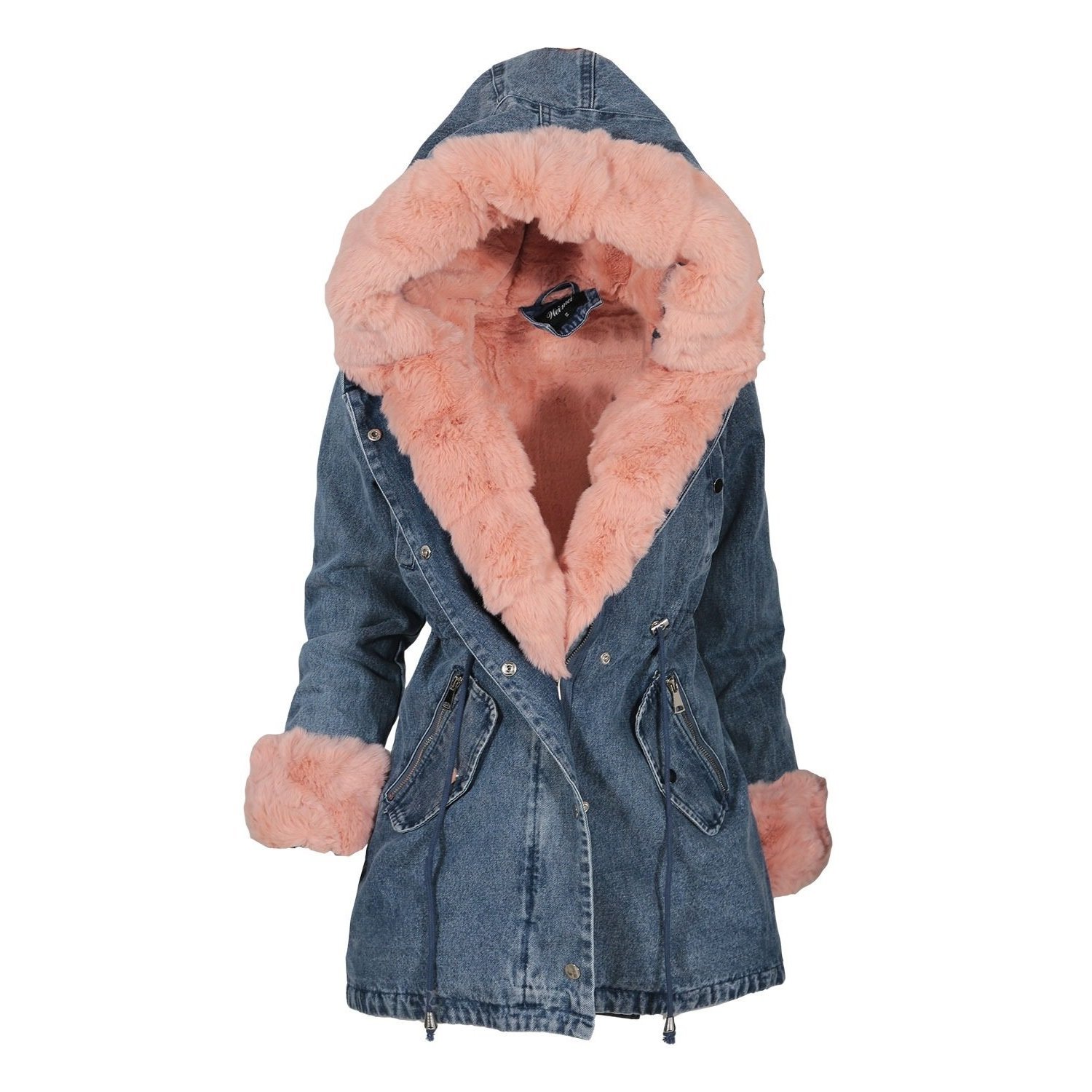 Geaca dama parka din denim albastru cu blanita eco roz Wanda ...