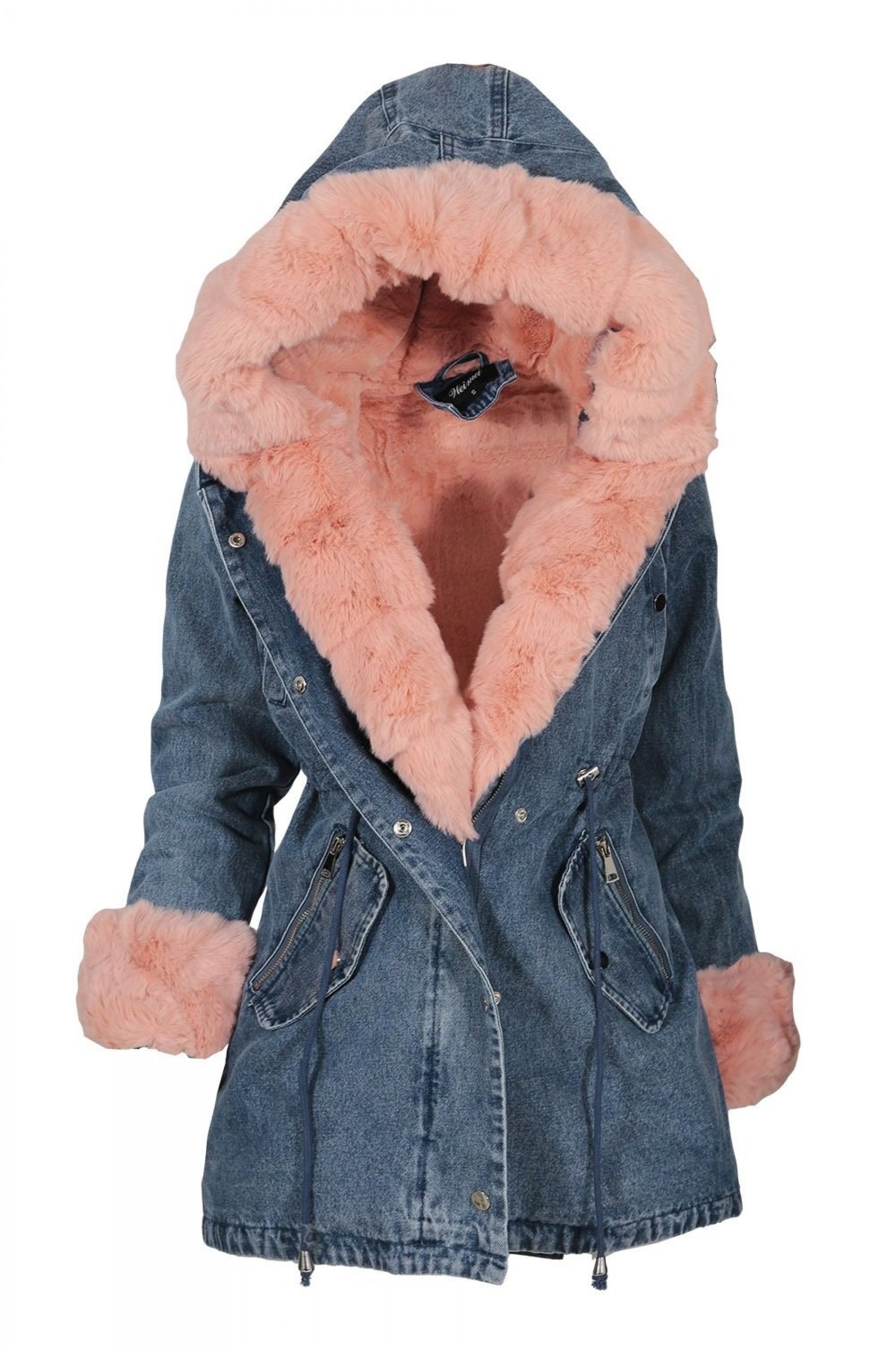 Geaca dama parka din denim albastru cu blanita eco roz Wanda ...