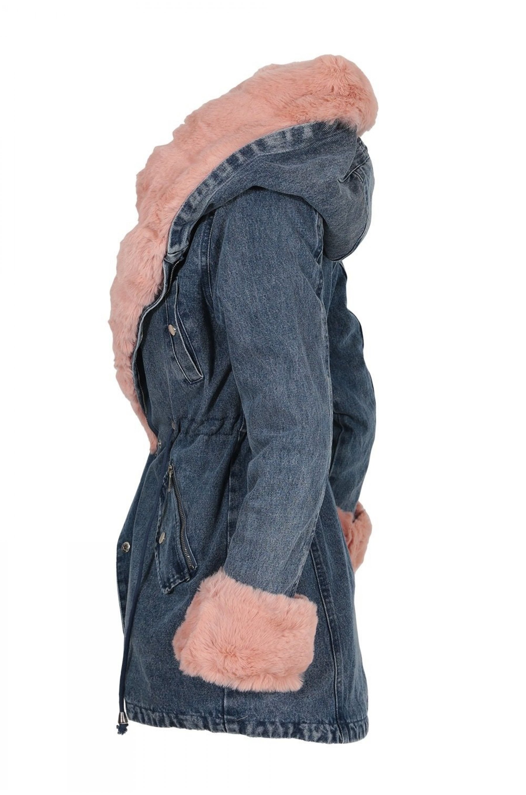 Geaca dama parka din denim albastru cu blanita eco roz Wanda ...