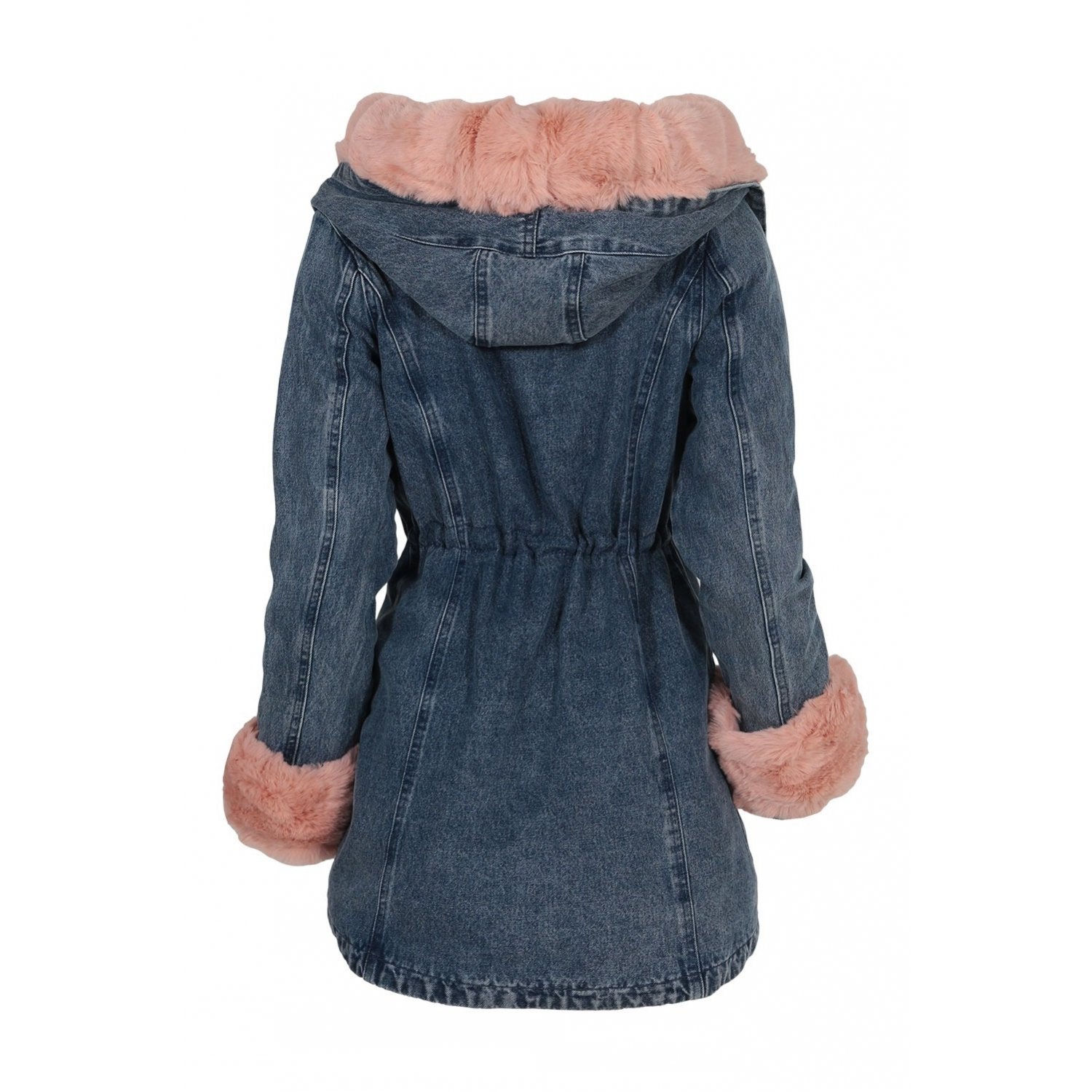 Geaca dama parka din denim albastru cu blanita eco roz Wanda ...