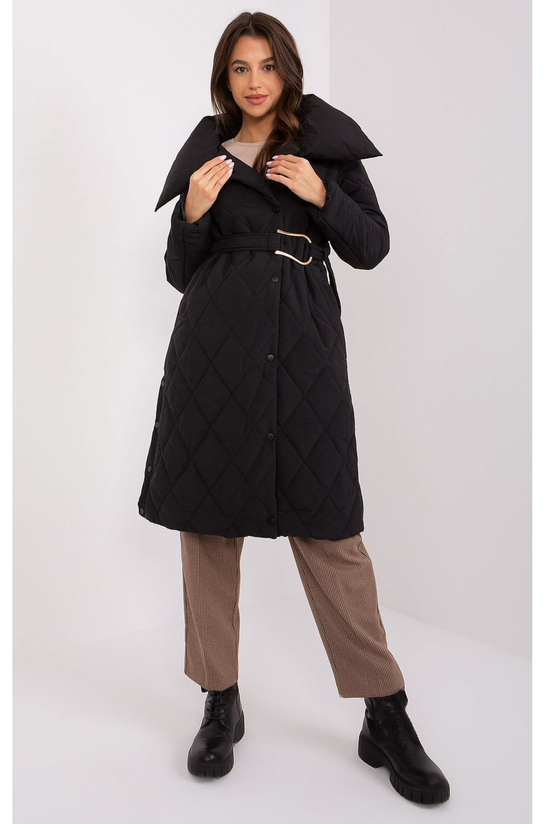 Geaca dama parka matlasata, neagra, cu guler inalt, Rhoxa - JojoFashion.ro